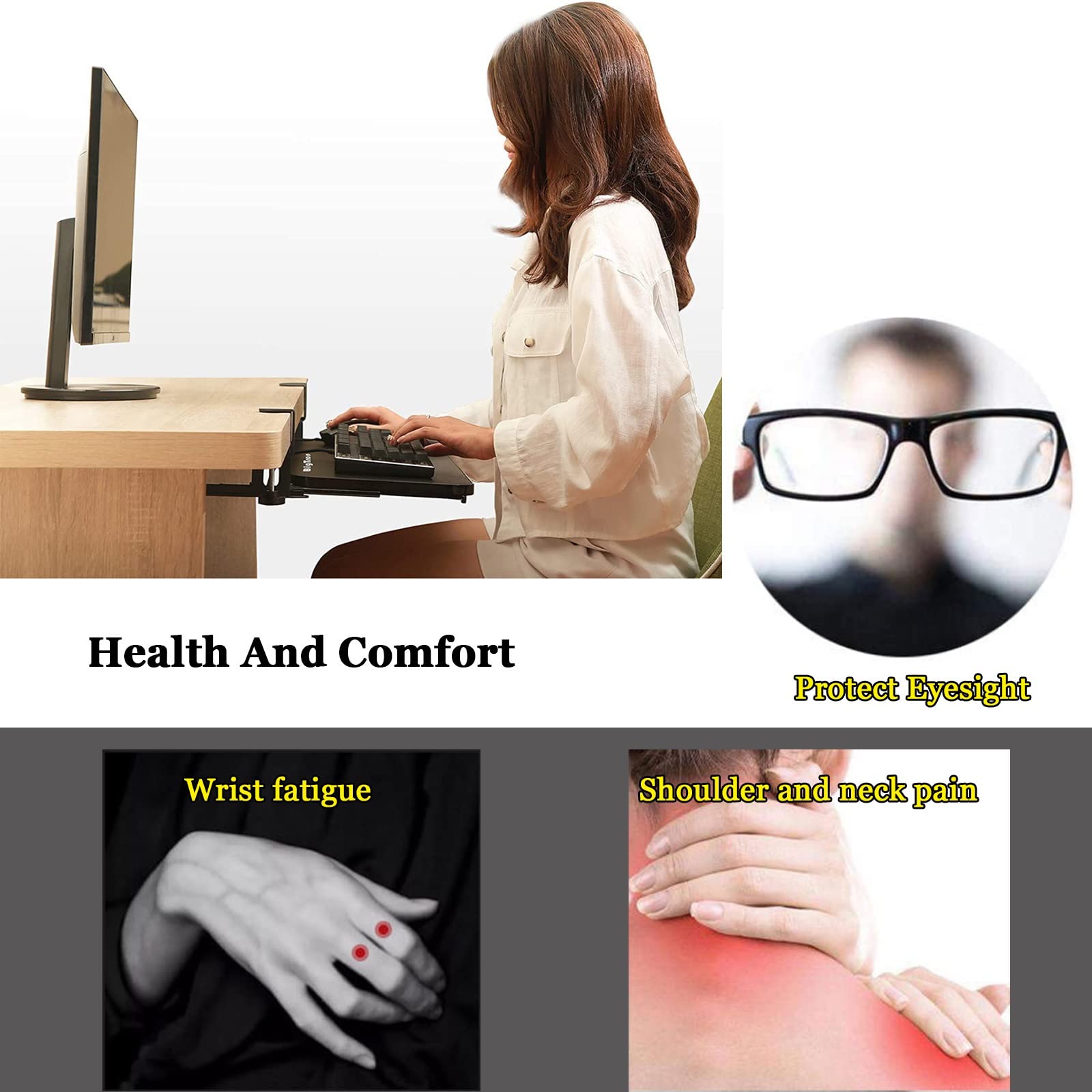 QULACO Under Desk Wooden Ergonomic Keyboard Tray - Under Desk Sliding Keyboard Platform, Sturdy, Comfort, Desk Wrist Rests Extender 52/65x25cm