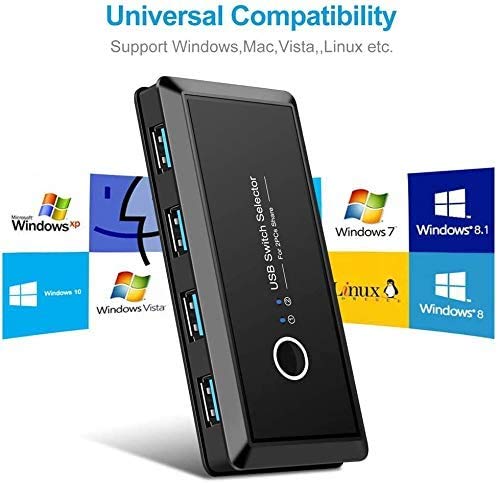USB Switch Selector, Amtake USB 3.0 KVM Switch for 2 Computers Sharing 4 USB Devices Peripheral Switcher Hub for Mouse, Keyboard, Scanner, Printer with One-Button Swapping and 2 Pack USB A to A Cable