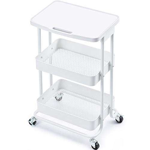 TOOLF 3-Tier Metal Rolling Storage Cart with Plastic Tabletop, 3-Tier Metal Serving Rolling Cart with Contral Handle,Trolley Organizer with Locking Wheels for Library Office Classroom Home Dedroom