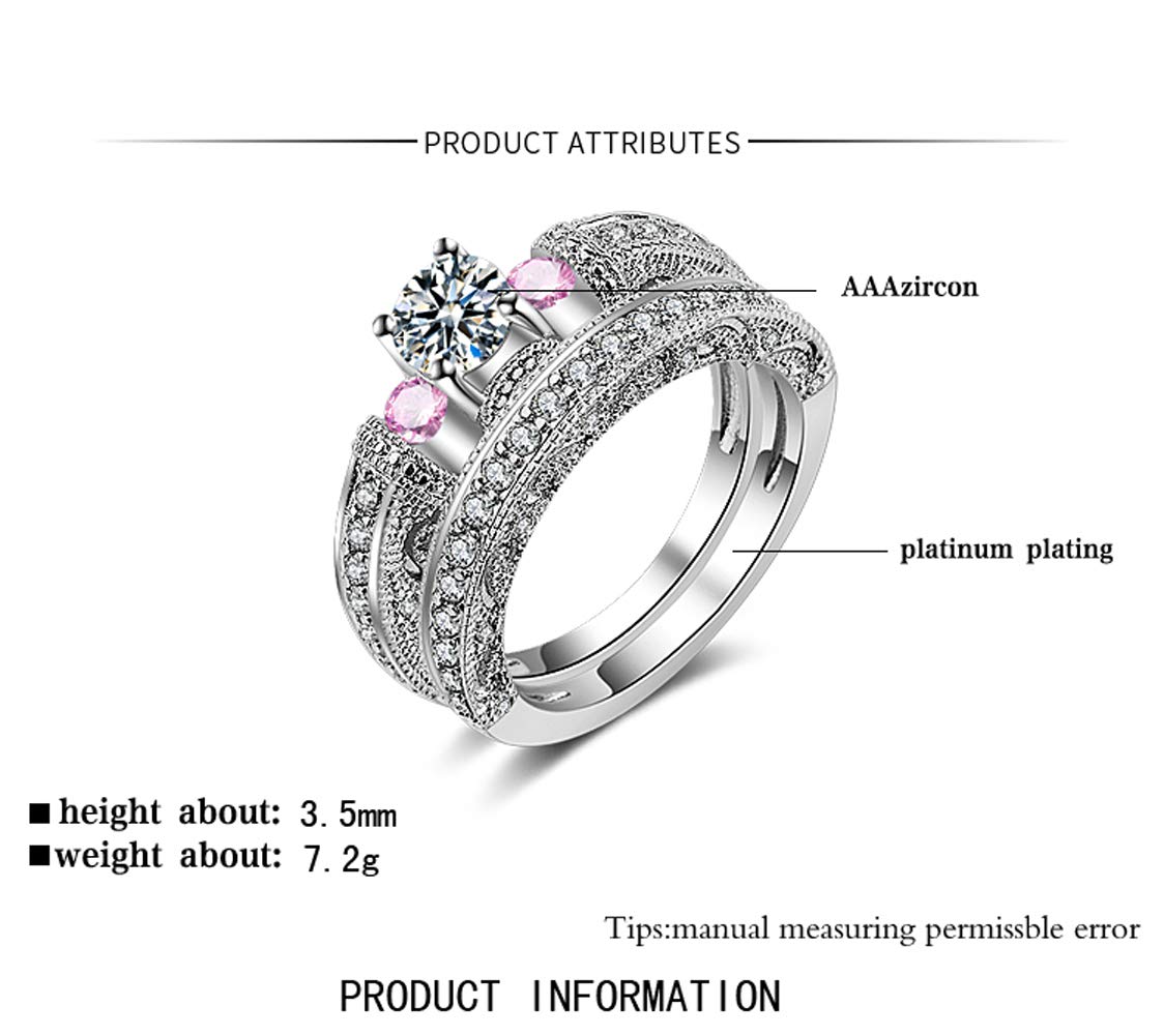 YAZILIND Women Platinum Plated Princess Cut Pink Cubic Zirconia Wedding Engagement Ring Set Size 8