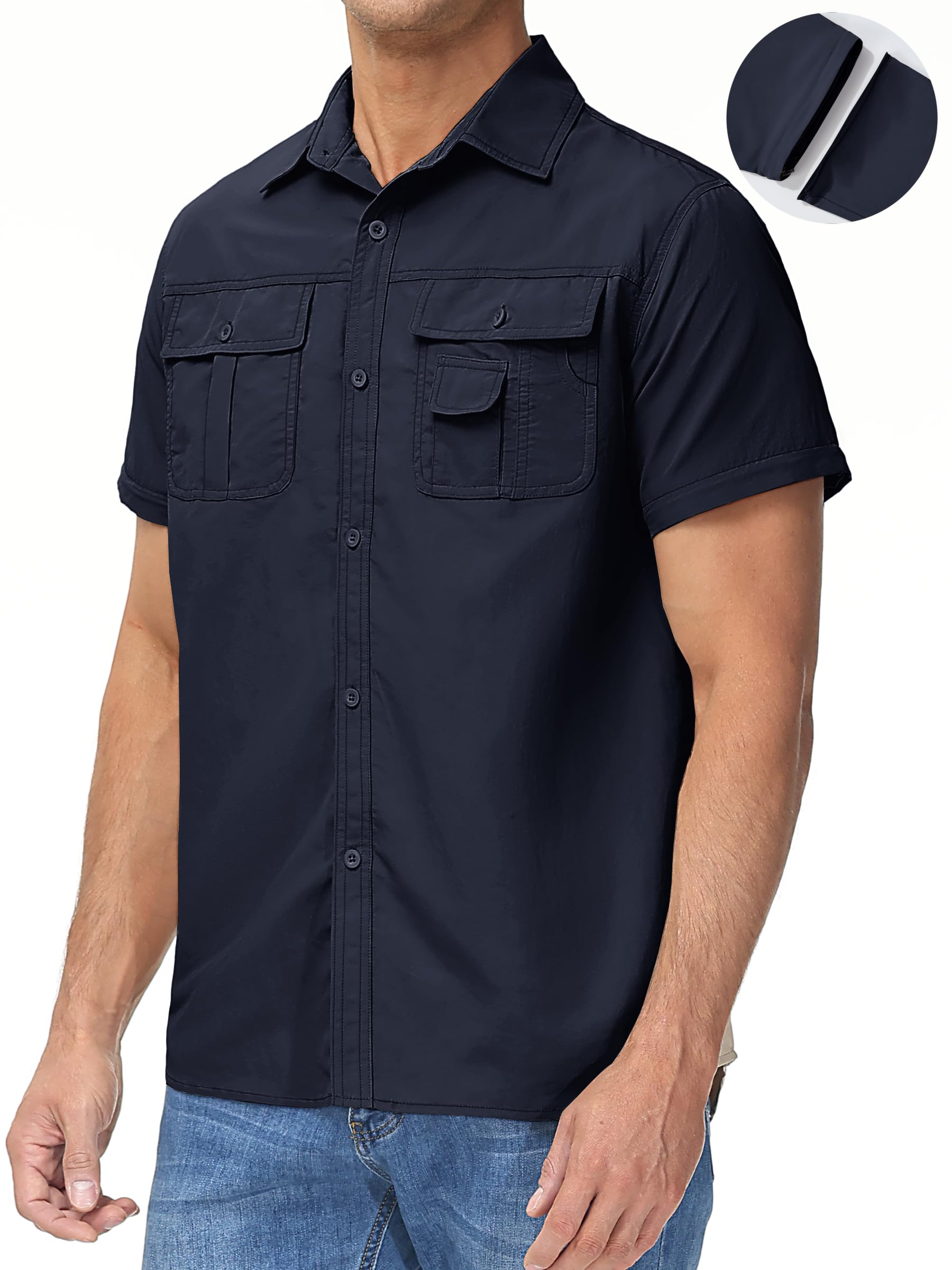TACVASEN Men's Quick Dry UV Protection Zipper Convertible Long Sleeve Shirt Navy, L