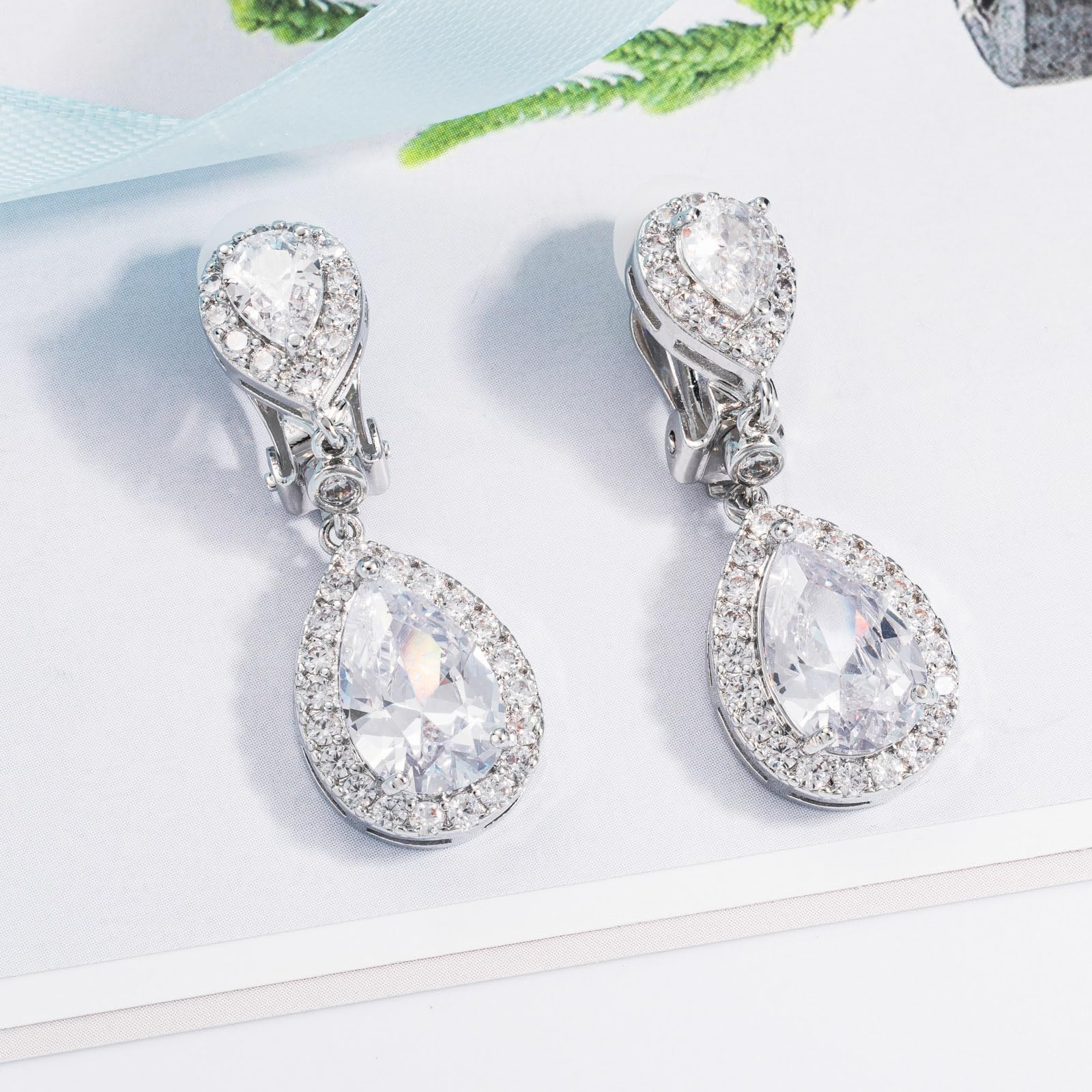SELOVO Cubic Zirconia Wedding Bridal Clip on Teardrop Drop Earrings for Women Silver Tone