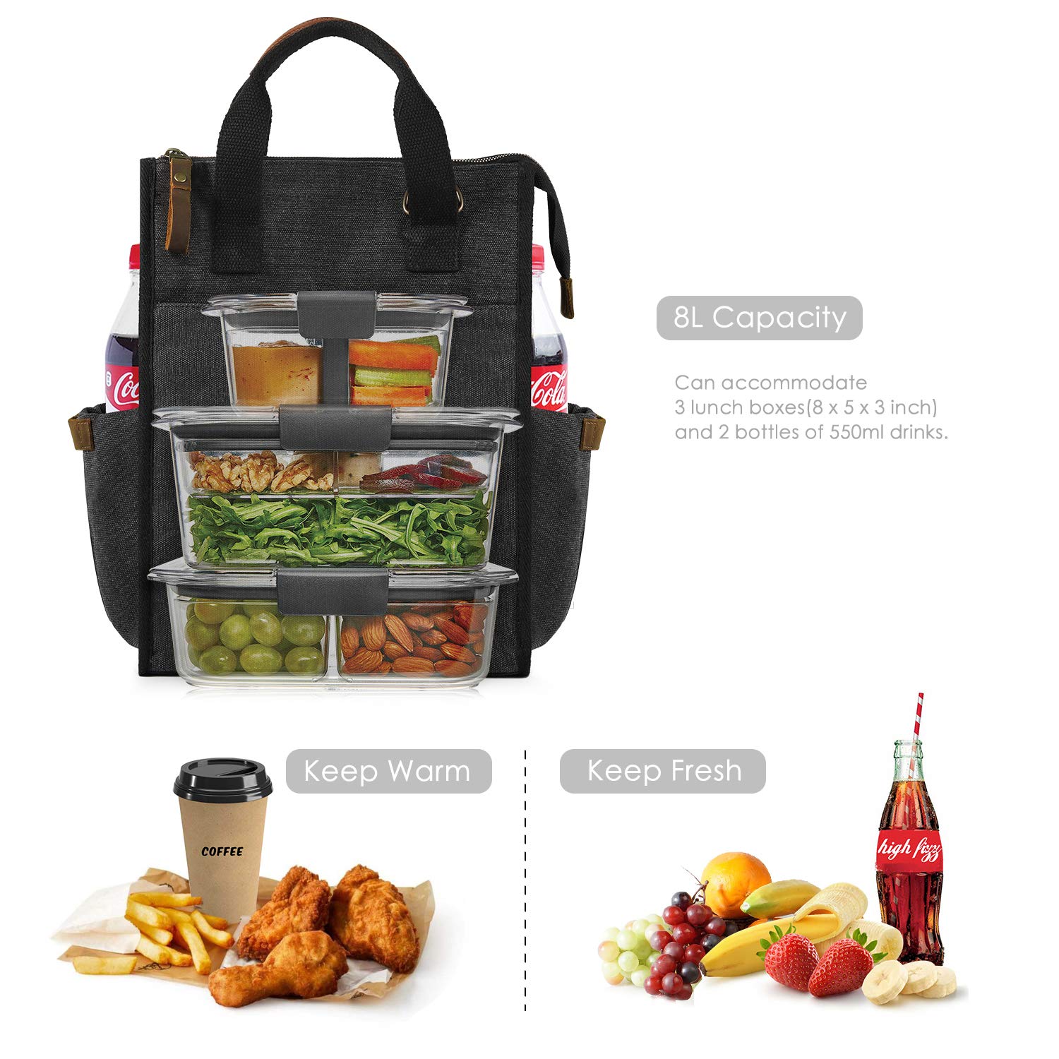 SMRITI Insulated Canvas Lunch Bag for Women/Men-9.6 L Reusable Leakproof Lunch Tote Bag for Work Picnic Beach - Fashion Lunchbox for Adults with Shoulder Strap(Dark Grey)