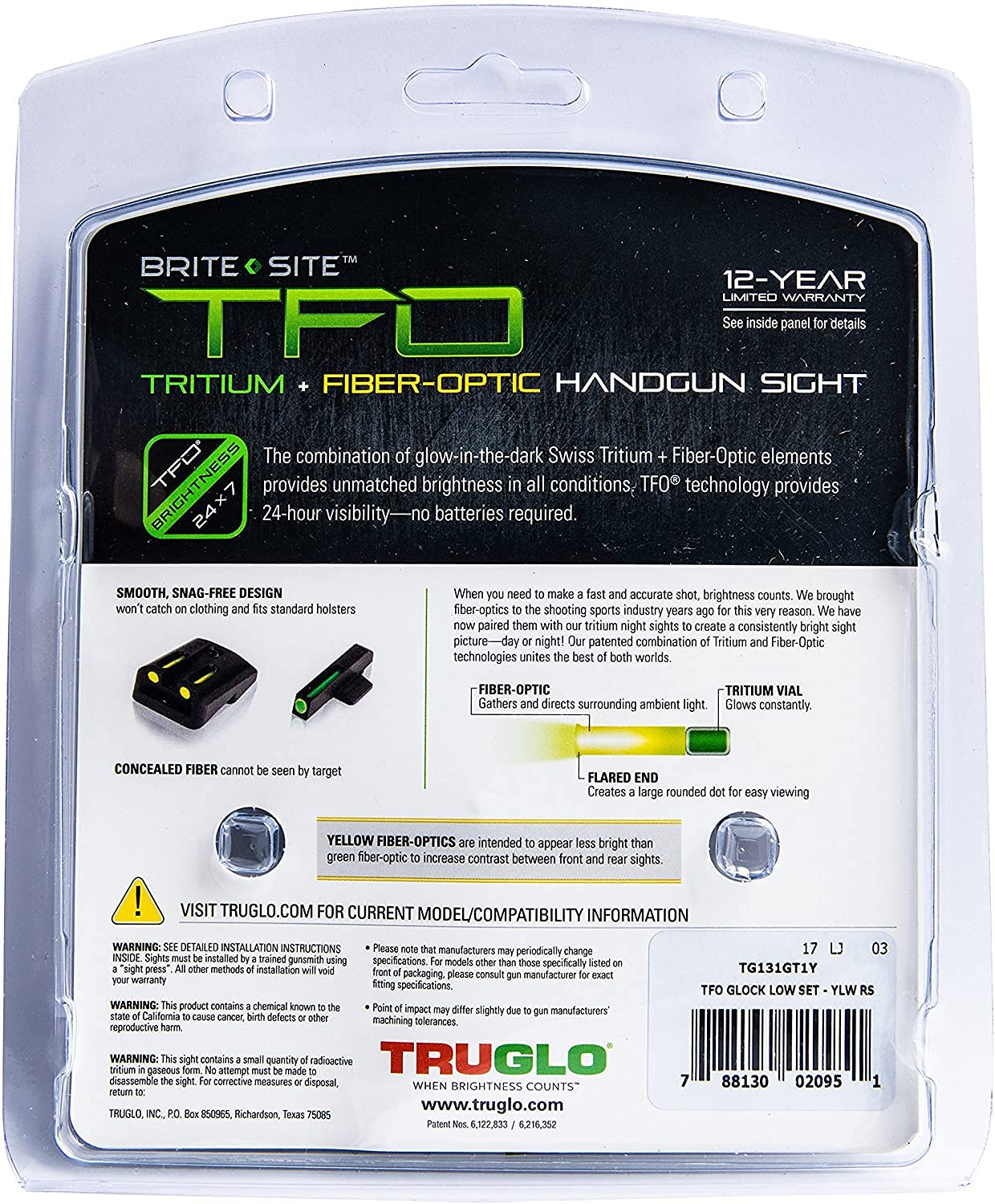 TruGlo TFO Tritium Fiber Optic Handgun Laser Sight Accessories Set with Rear Colors, Fits Glock 17/17L, 19, 22, 23, 24 Models and More, Yellow Light
