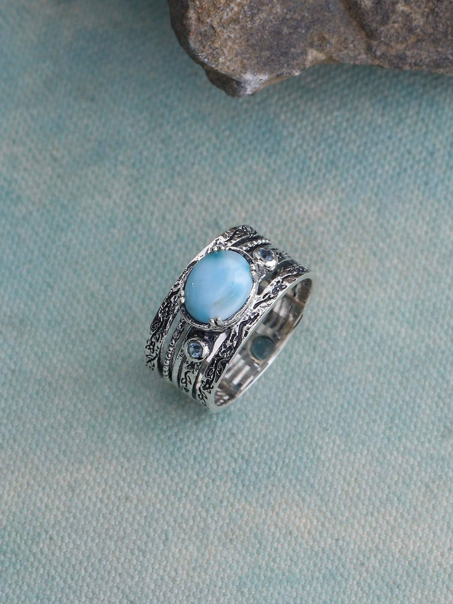YoTreasure Larimar Swiss Blue Topaz 925 Sterling Silver Antique Three Stone Ring