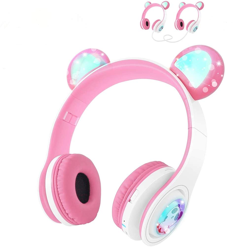 Woice Kids Wireless Headphones, Bluetooth Headphones 85dB Volume Limiting, LED Lights & Music Sharing Function, Girls Boys Wireless/Wired Headphones Over Ear with Mic Pink