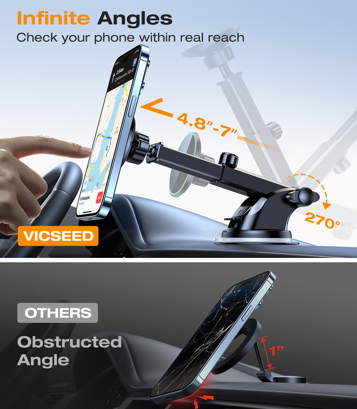 VICSEED for MagSafe Car Mount Dash - [8lbs Powerful Magnets][Long Arm Adjustable] Magnetic Phone Holder for Car Phone Mount for Car 3 in 1 Car Phone Holders for iPhone 15/14/13/12 All Phones