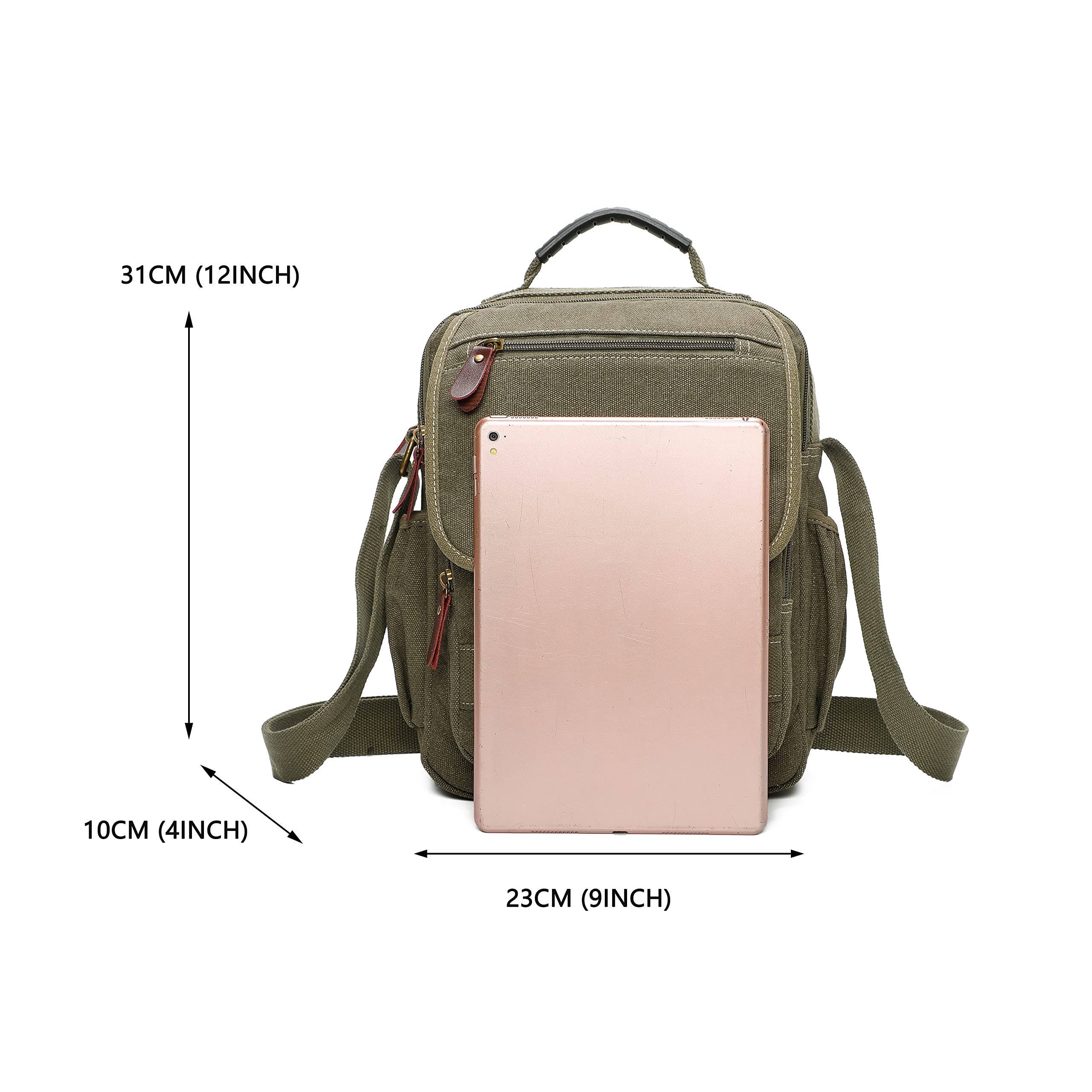 Sunsomen Small Canvas Messenger Bag Man Purse Shoulder Bag Crossbody Bag With Water Bottle Pocket 12 Inch (Khaki)