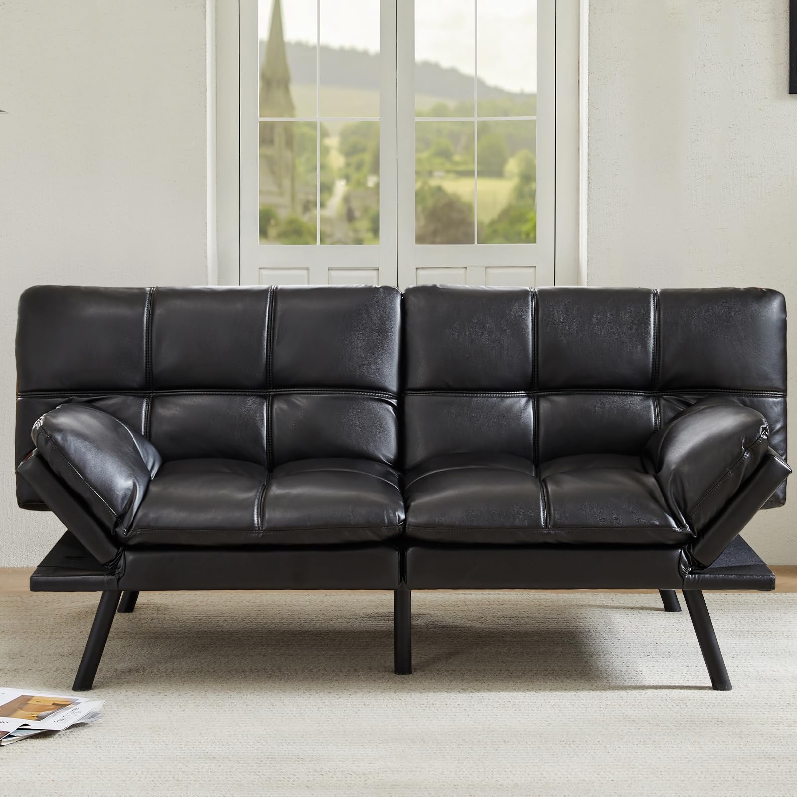 Sweetcrispy Futon Sofa Bed Sofá Cama para Sala Futon Couch Bed Sofas Sleeper, Modern Convertible Faux Leather Futon for Living Room, Small Loveseat for Apartment Office, Folding Adjustable Recliner