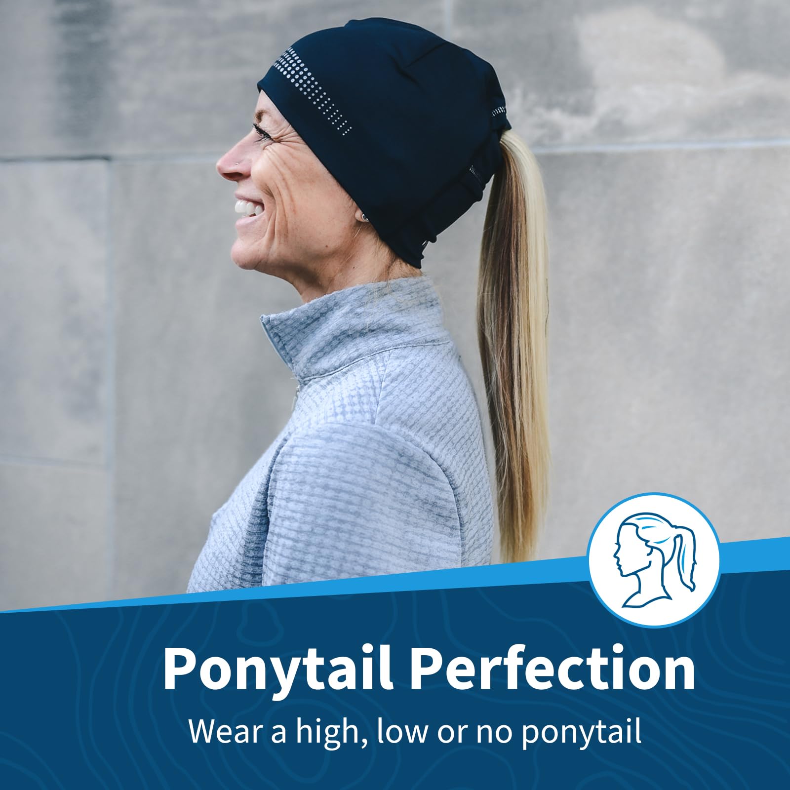 TrailHeads Ponytail Hat - Adrenaline Series | Women’s Running Beanie with Reflective Accents | Black Skull Cap - Black/Reflective