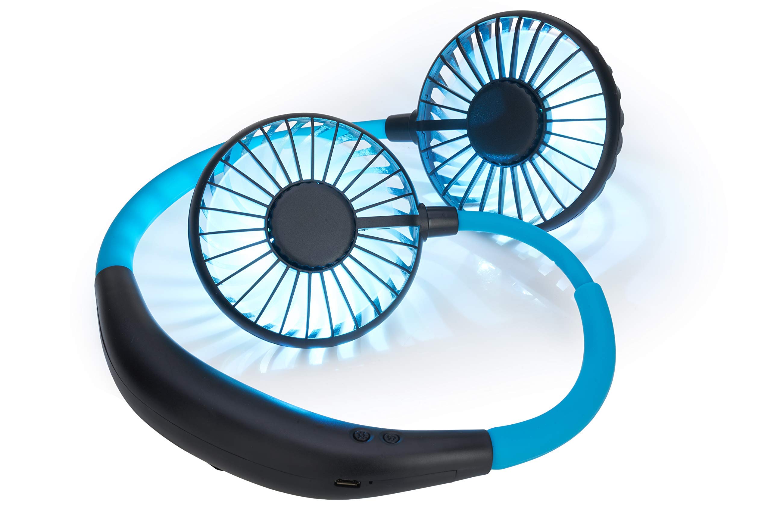 Wireless Express LED Neck Fan with Neckband - Lightweight Small Fan - Portable Mini USB Fan - Rechargeable Personal Fan (Blue)