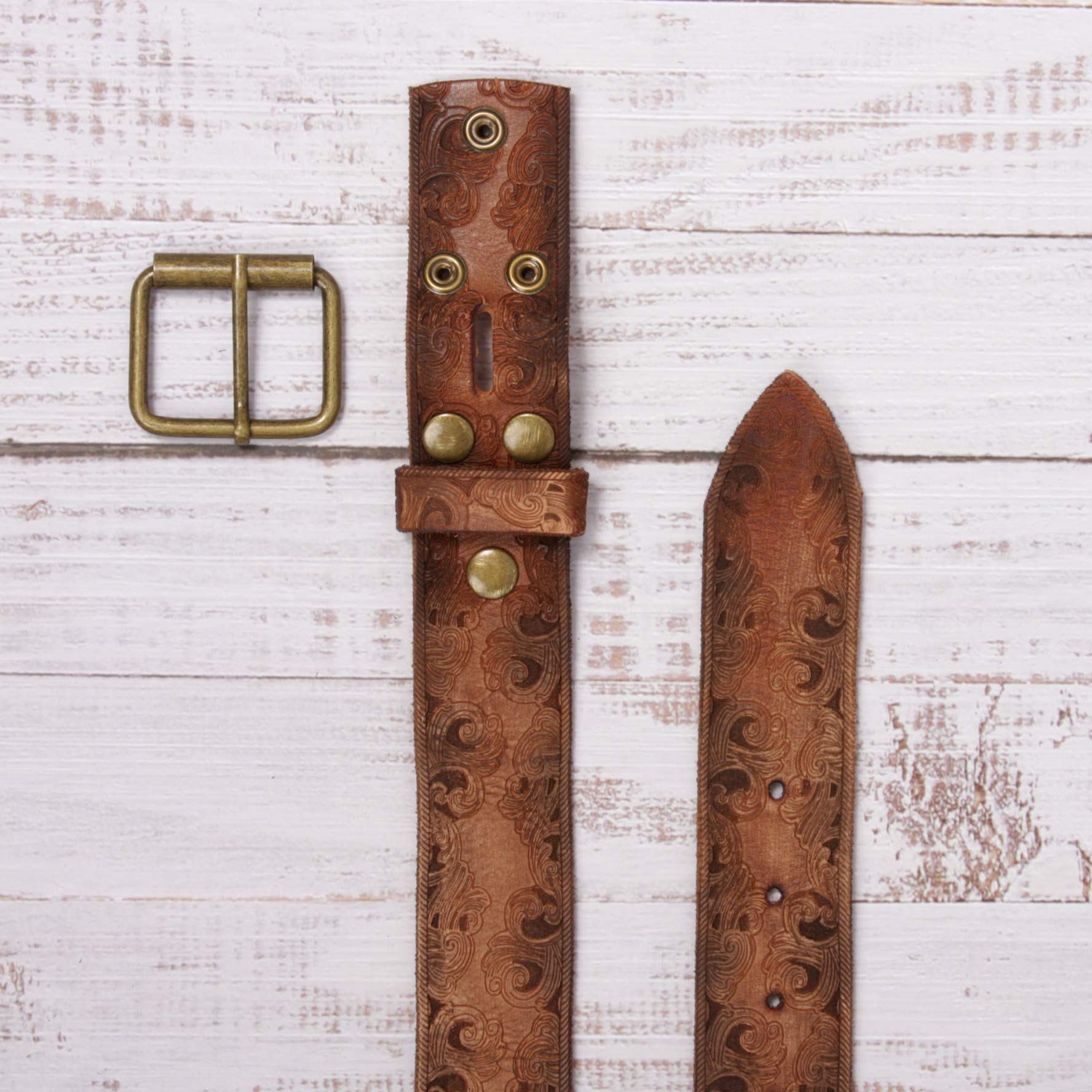 Snap On Soft Hand Floral Embossed Vintage Cowhide Full Grain Leather Casual Belt, Tan | 34