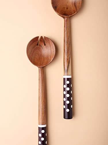 YoTreasure Tiramisu Black & White Dotted Resin Wood Salad Server Set | Wooden Utensils for Serving Salad, Spoon and Fork Set for Modern Kitchen