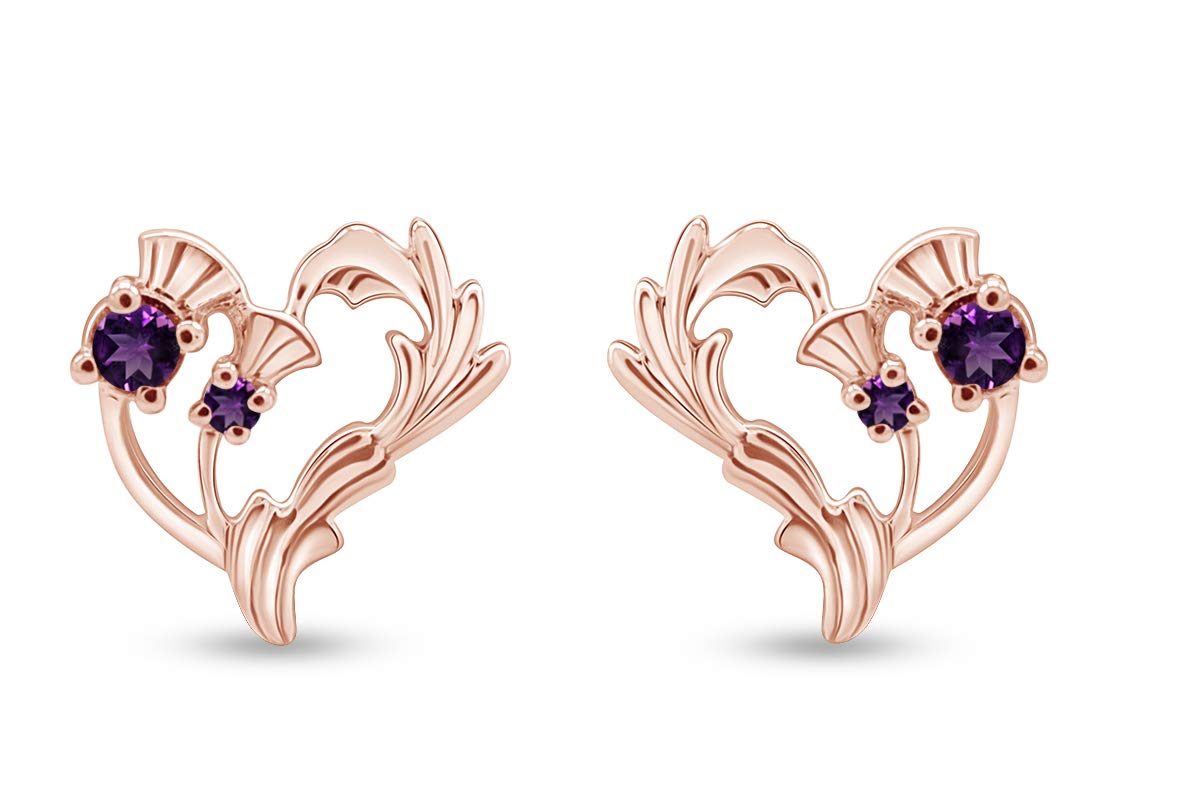 Thistle Heart Simulated Amethyst Stud Earrings in 14k Rose Gold Over Sterling Silver