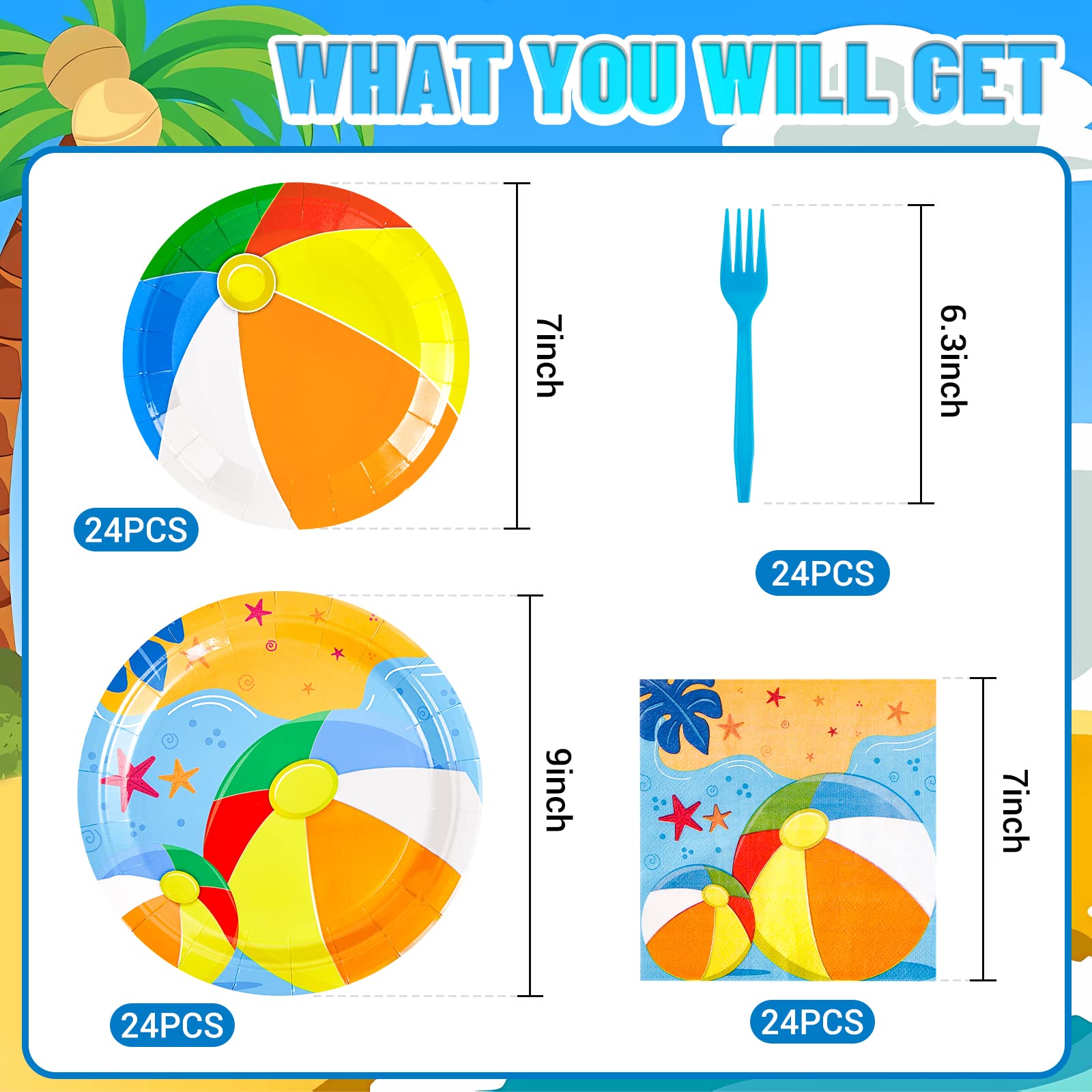 SCIONE 96 Pcs Summer Pool Ball Party Plates and Napkins - Beach Ball Theme Party Supplies Tableware For Kids Serves 24