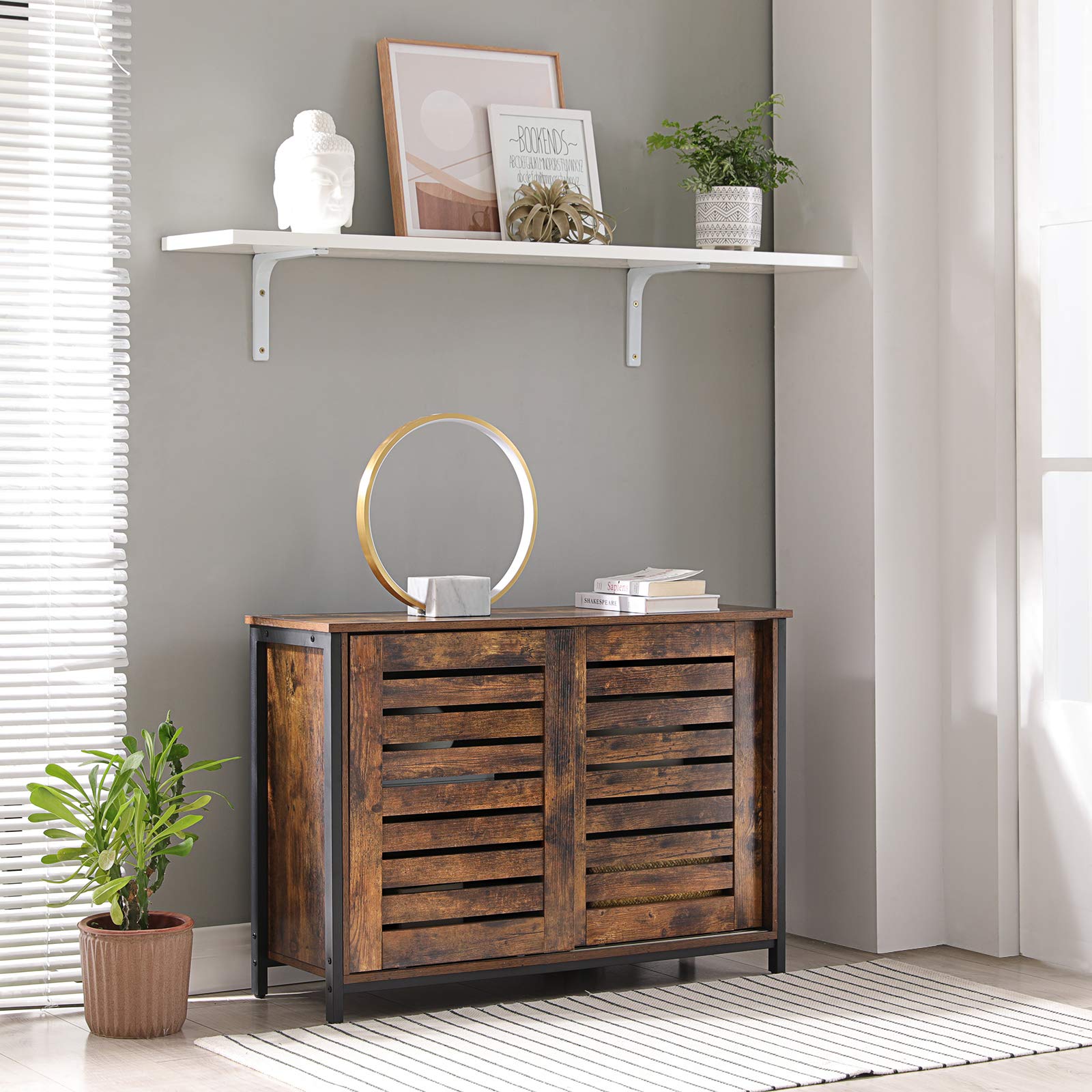 VASAGLE Lowell Sideboard, Kitchen Cabinet with Shutter Sliding Doors, Floor Storage Cupboard, Living Room, Hallway, 13.8" D x 39.4" W x 27.6" H, Rustic Brown