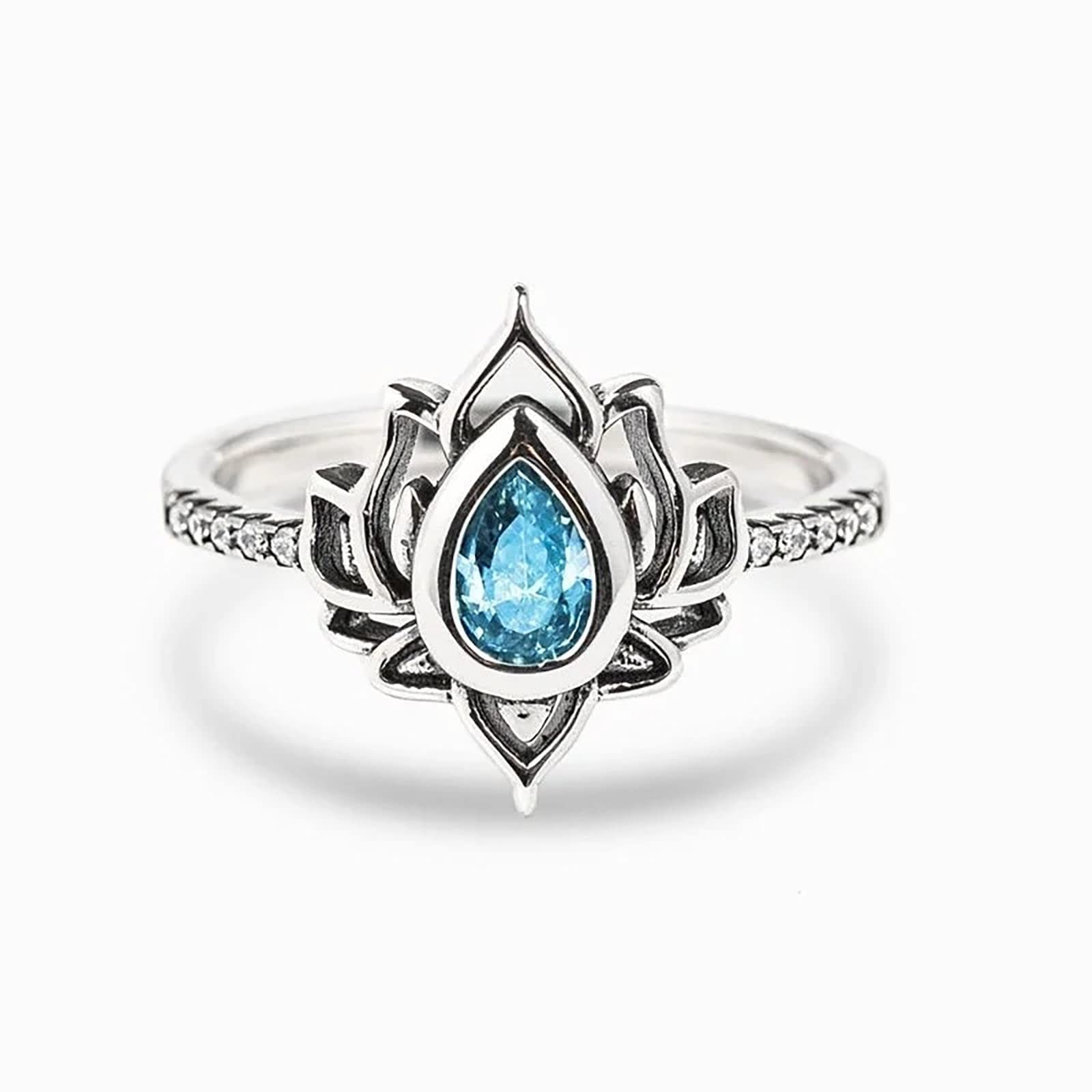 Womens Vintage Lotus Ring with Diamonds Zircon Engagement Ring,Wedding Gift for Loved Ones, Valentine's Day Gift (10, Blue)