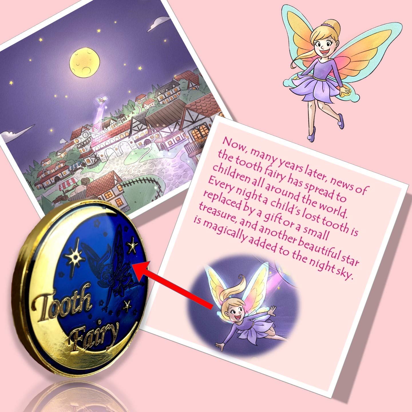 Tooth Fairy Pillow Book and Gold Coin Keepsake Set Kit with Velvet Memory Bag for Boys and Girls