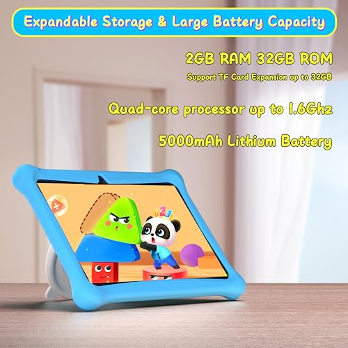 SGIN Kids Tablets with 2GB RAM 64GB ROM, 10 Inch Android 12 Tablets for Kids with Case with Dual Camera, Educational Games, Parental Control APP, iWawa Pre Installed, Blue