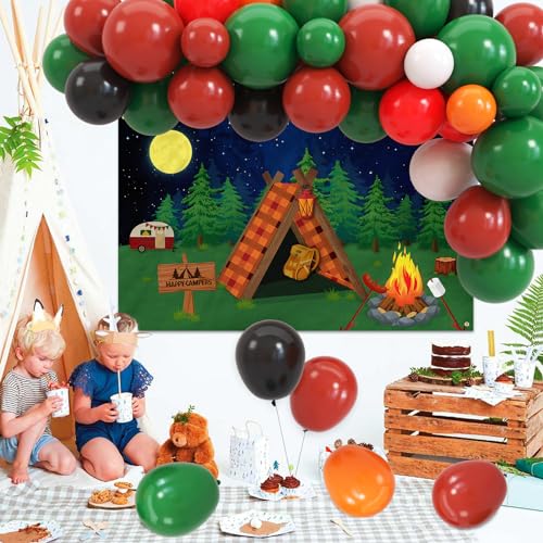 Vansolinne Camping Party Decorations Camping Adventure Happy Camper Night Forest Campfire Tent Scene Backdrop Banner & Balloons Garland Kit, Theme Birthday Classroom Decor Background Photo Props
