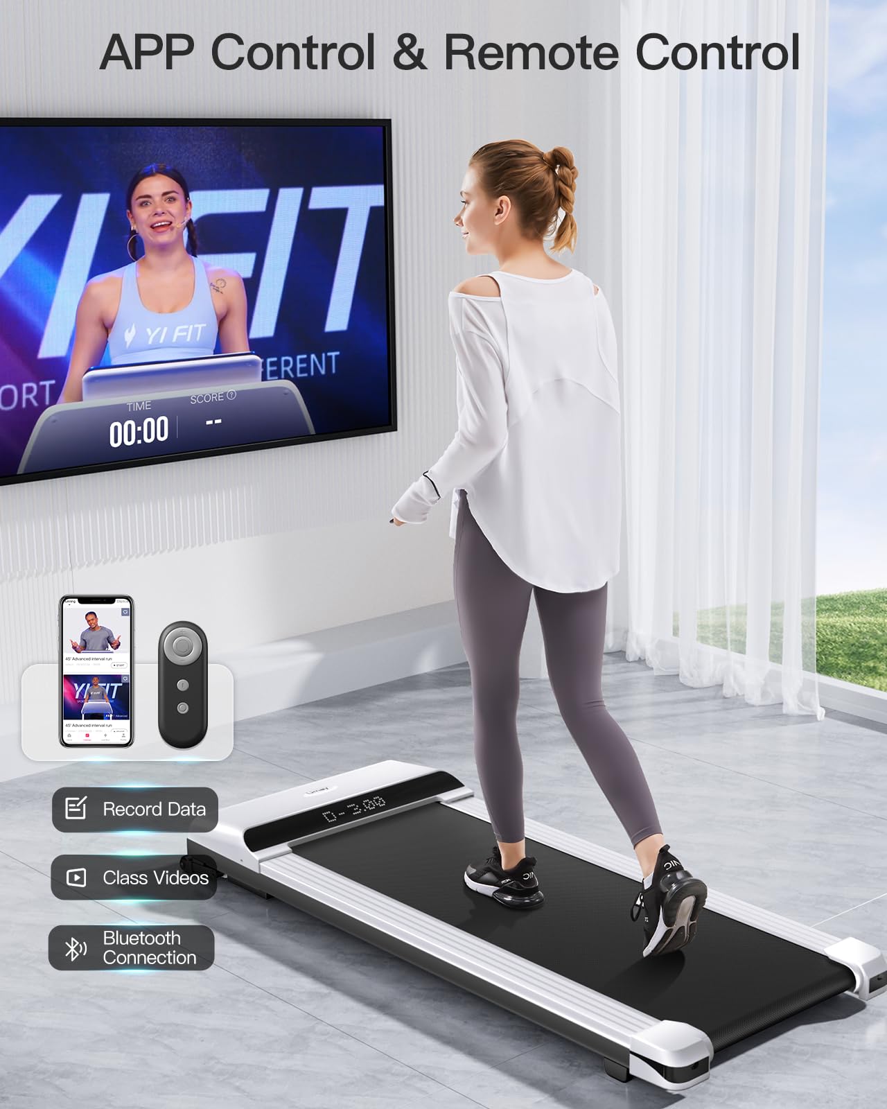 UMAY Under Desk Treadmill with Foldable Wheels, Portable Walking Jogging Machine Flat Slim Treadmill with Free Sports App & Remote Control, Jogging Running Machine for Home/Office White