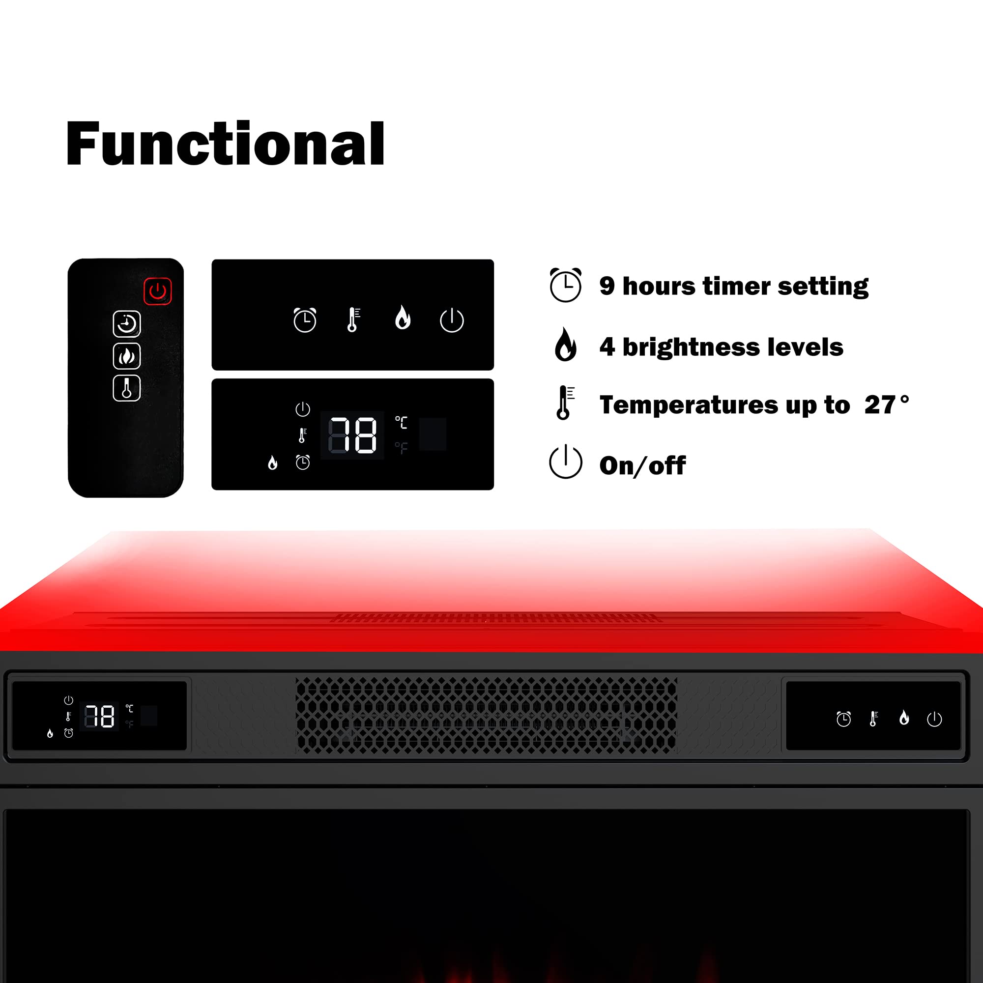 VANSTON Recessed Electric Fireplace 26'', Electric Fireplace Insert with Timer and Child Lock, Electric Fireplace with Remote and Storage of Wooden Decorations, Black,25 63/64 Inches