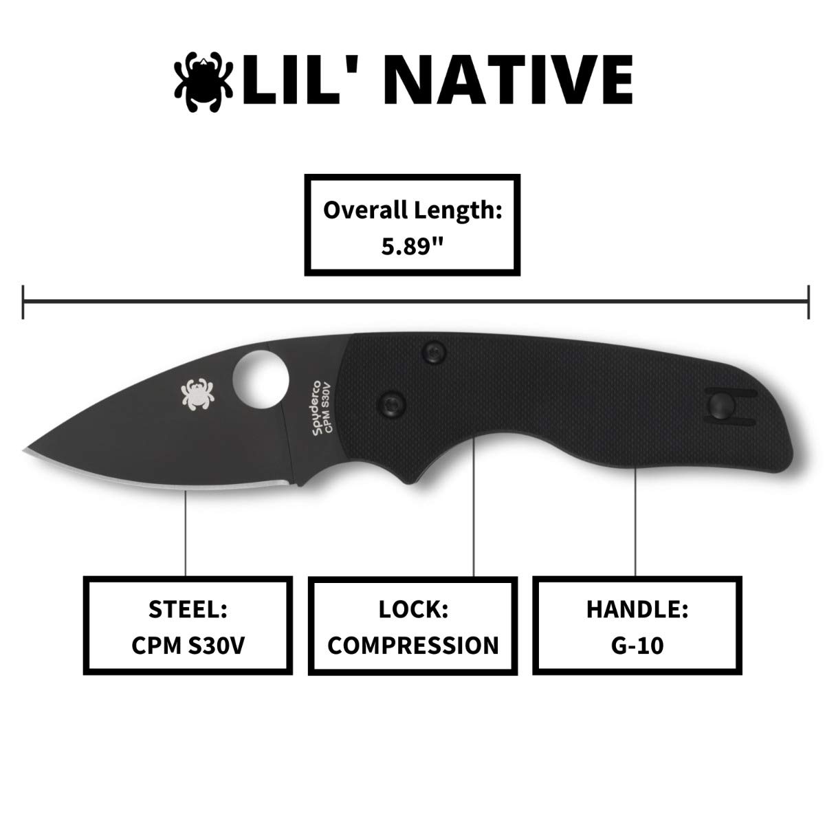 Spyderco Lil' Native Signature Knife with 2.42" CPM S30V Black Steel Blade and Black Compression Lock G-10 Handle - PlainEdge - C230GPBBK