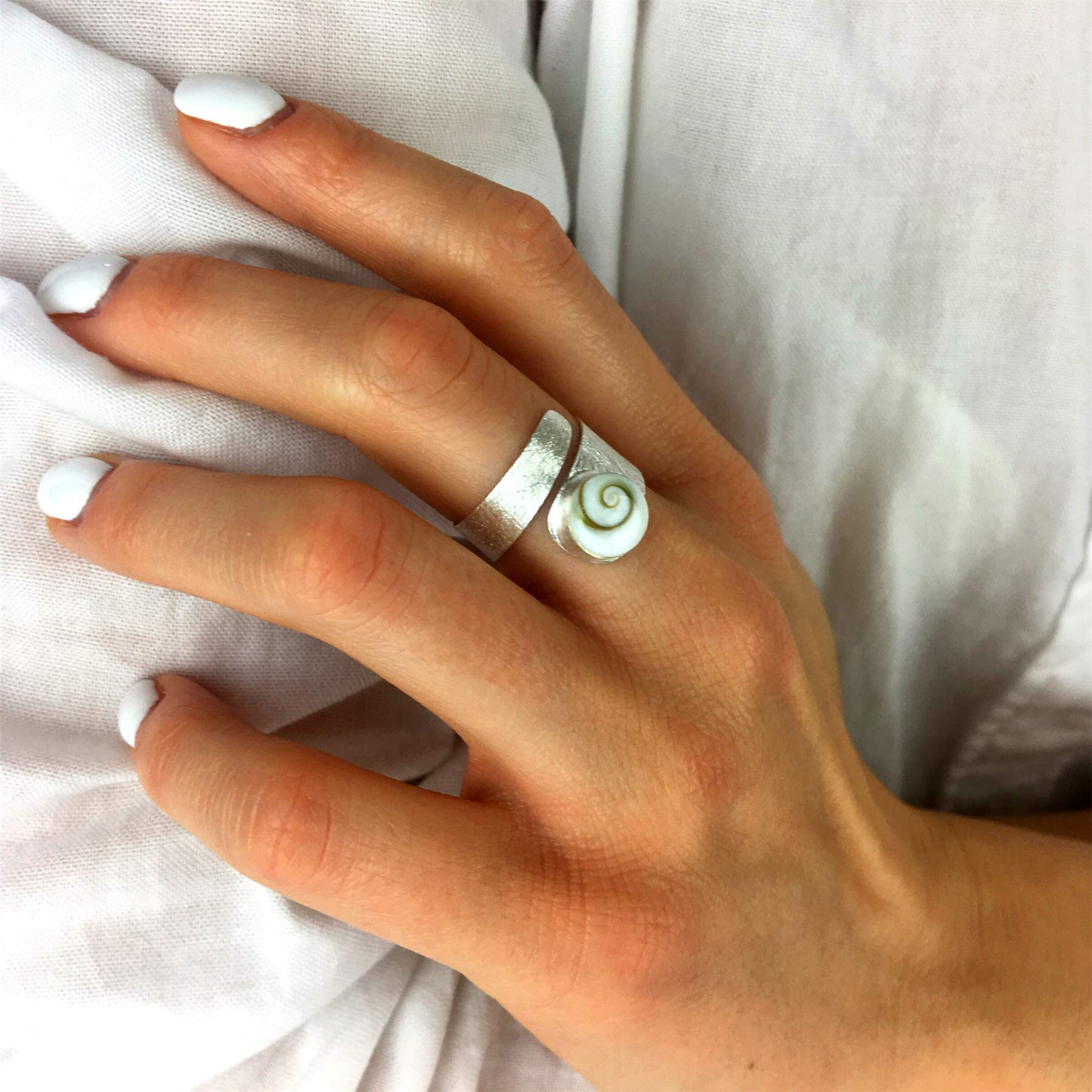 Silverly Shiva Eye Shell Adjustable Rings for Women - 925 Sterling Silver Rings - Satin Finish Solid Silver Ring With Gemstone - Spiral Swirl Wrap Birthstone Adjustable Design