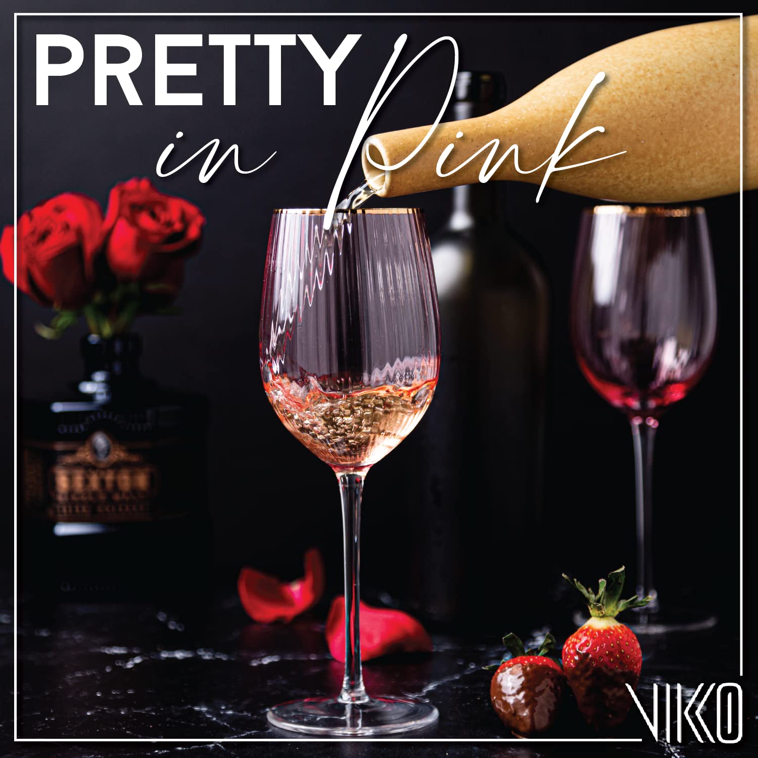 Vikko Décor Wine Glasses, Set of 2 Peach Blown Glass with Gold Rim, 11 Ounce Fancy Wine Glasses With Stem for Red and White Wine, Dishwasher Safe Goblets, Decorative Wine Glasses