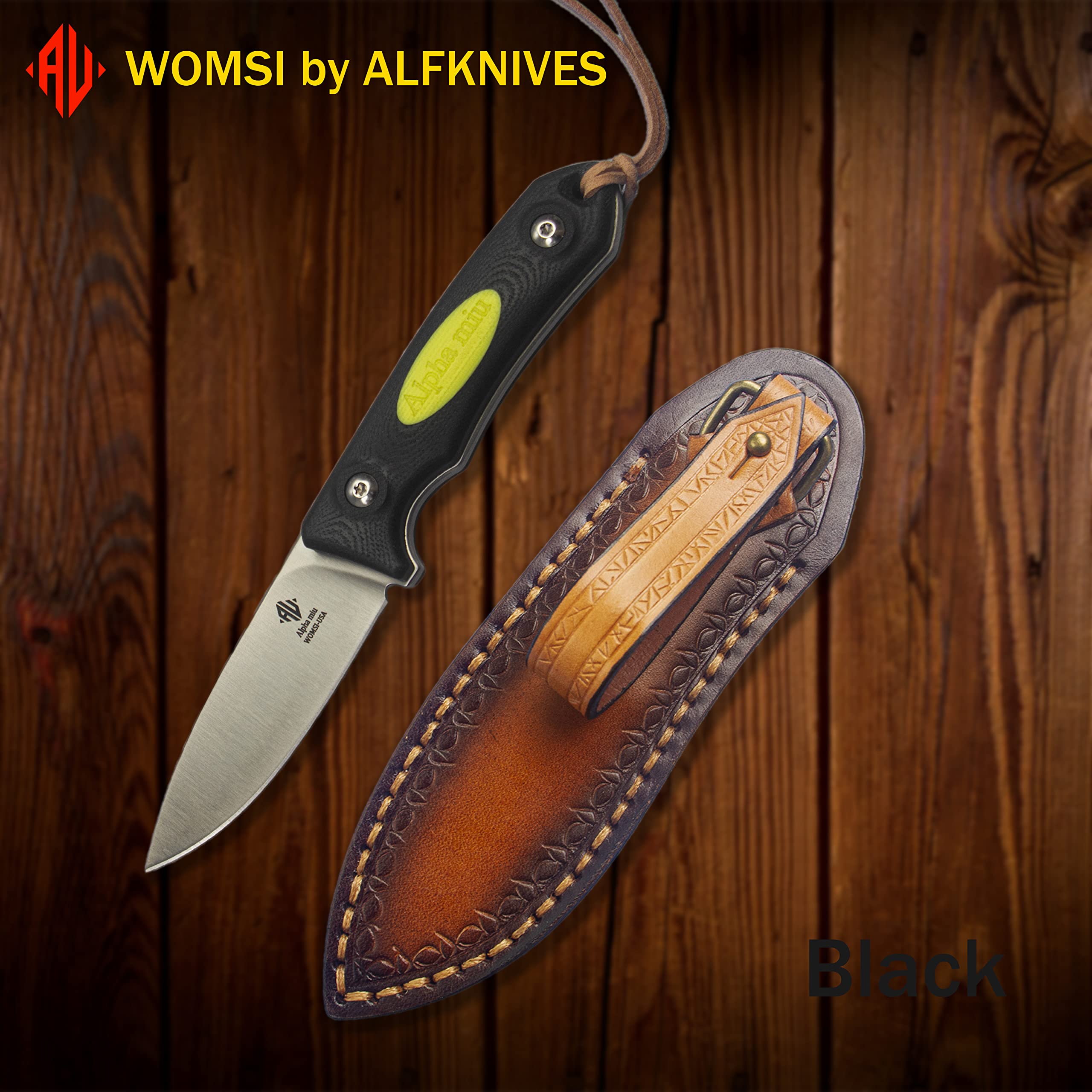 WOMSI Hunting Knife,Full Tang 6.57",DPS15-S Power Steel Blade,Sonorous&durable G10 Handle with Leather Sheath(Black)