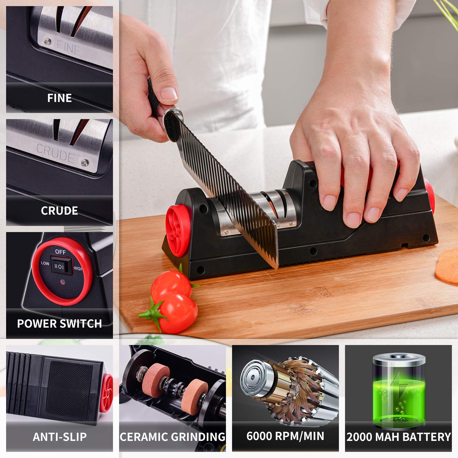 WARSUN Electric Knife Sharpener, Kitchen Knife Sharpening, Professional Knife Sharpener Electric Tool for Chef Knife, Black(Upgraded),not for Ceramic, Serrated Knives