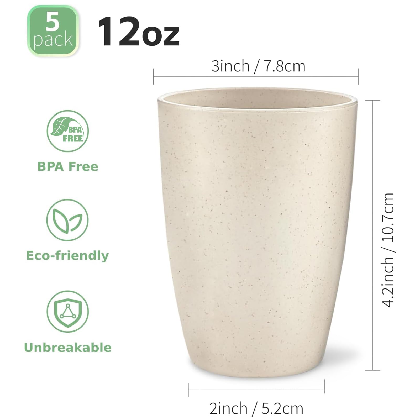 ZORRITA 5 Pack 12 oz Wheat Straw Cups, Reusable Plastic Drinking Cups Unbreakable Water Glasses Dishwasher Safe Tumblers for Juice, Soda, Milk, Coffee