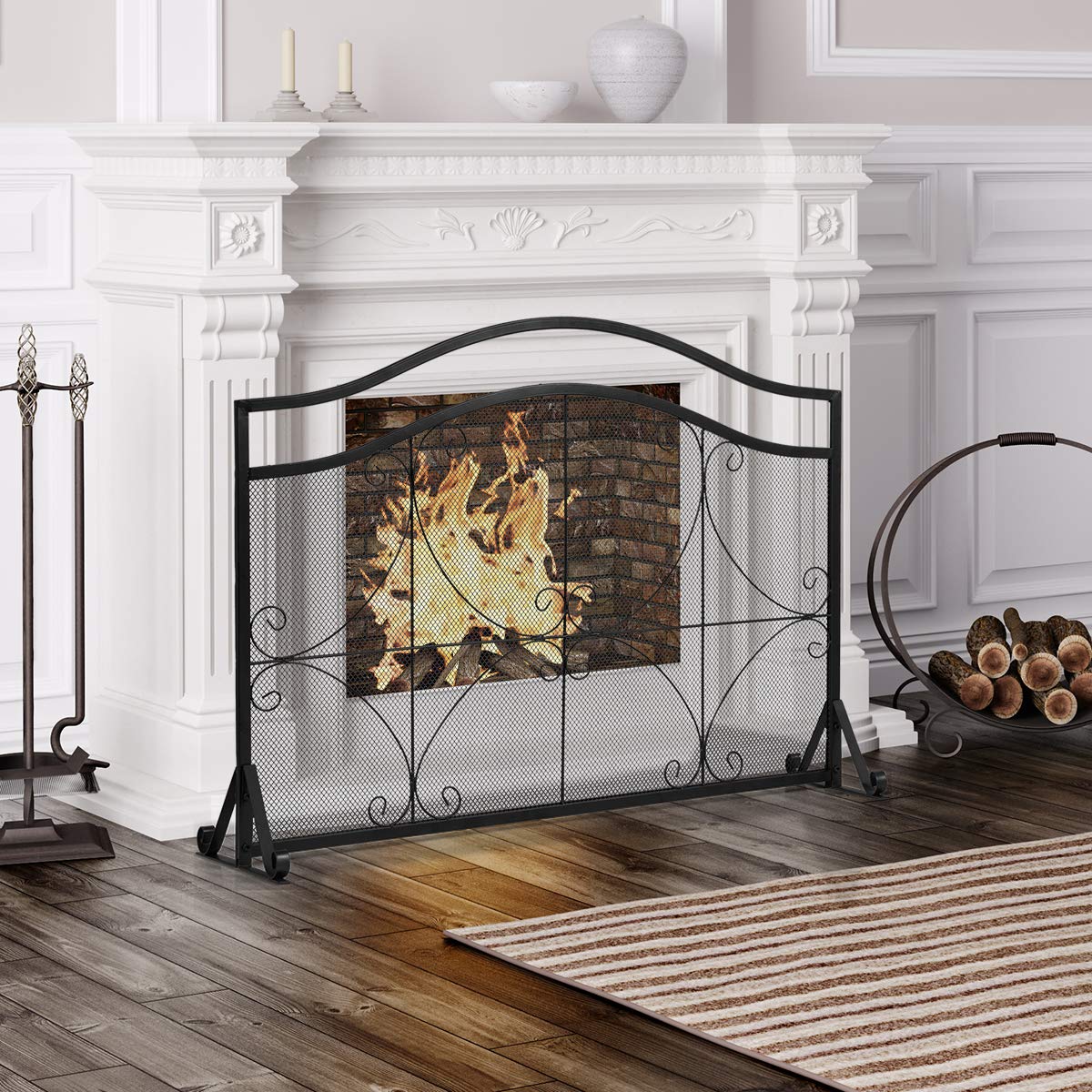 Tangkula 44.5β X 33β Inch Fireplace Screen, Decorative Iron Single Panel Fire Spark Guard Gate w/Metal Mesh, Rustproof Solid Free Standing Fire Screen for Baby or Pet Safe, Outdoor or Indoor Use