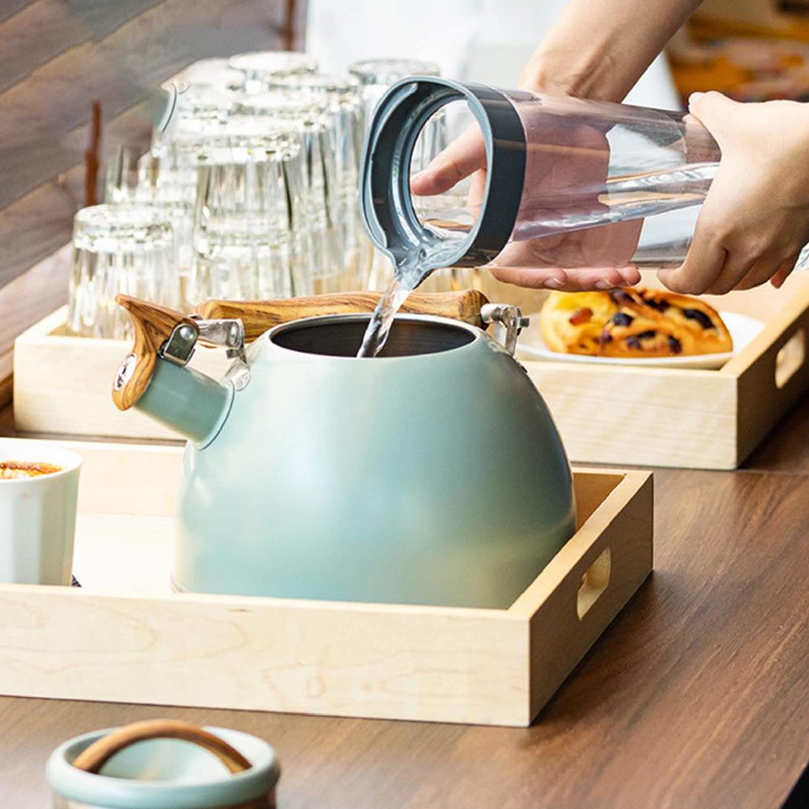 VTOSEN Whistling Tea Kettle,Light Green Tea Pots for Stove Top with Wood Pattern Handle, Universal Base for Induction, Gas and Electric (3L)