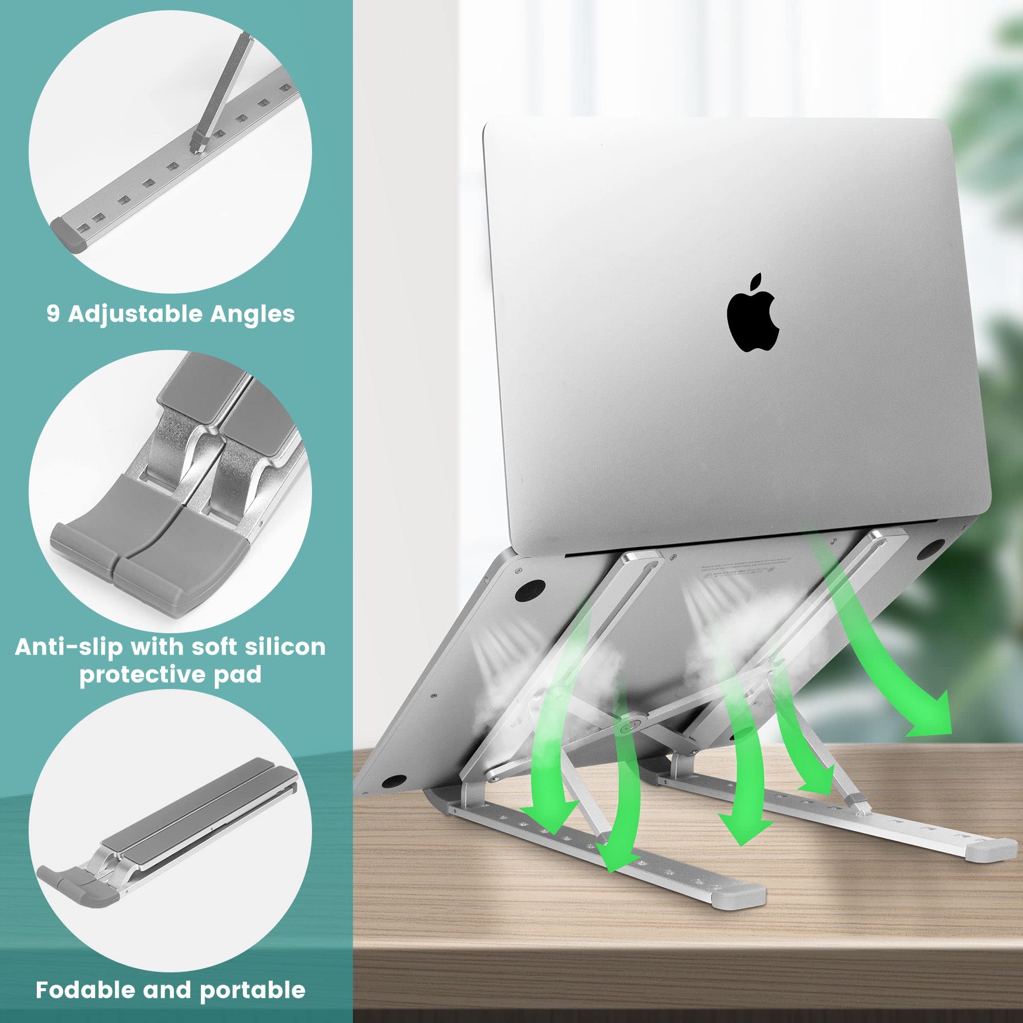 Vaselin Desktop Laptop Stand, Aluminum Alloy Computer Stand,Adjustable Height Ergonomic Laptop Stand,Foldable Laptop Stand Grade 9 Non-Slip,Stand for 9-15.6'' Tablet, Laptops(Silver)