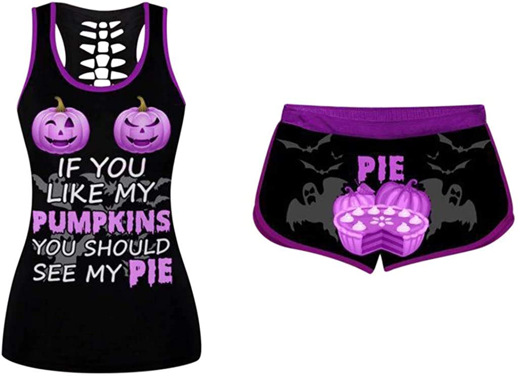 Women's Halloween Sleeveless Tank Top Set If You Like My Pumpkin Printing Drawstring Shorts Stretch Bottoms Suits (Purple, S)