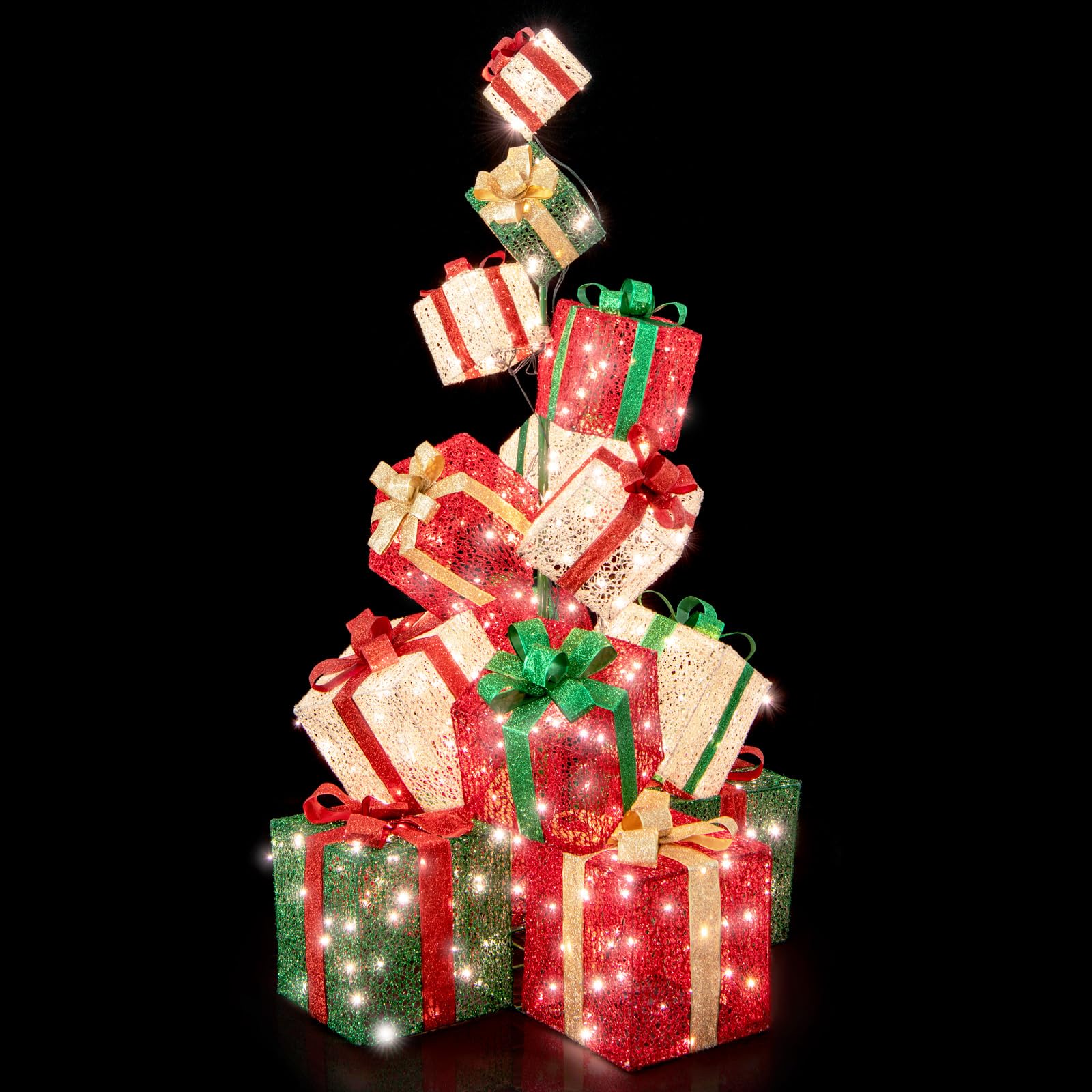 Tangkula 5.6 FT Lighted Box Tower, 15 Stacked Pre-lit Boxes with 450 Warm White Lights, Metal Base, Ribbons & Bows, Light up Gift Box Decorations for Indoor Outdoor
