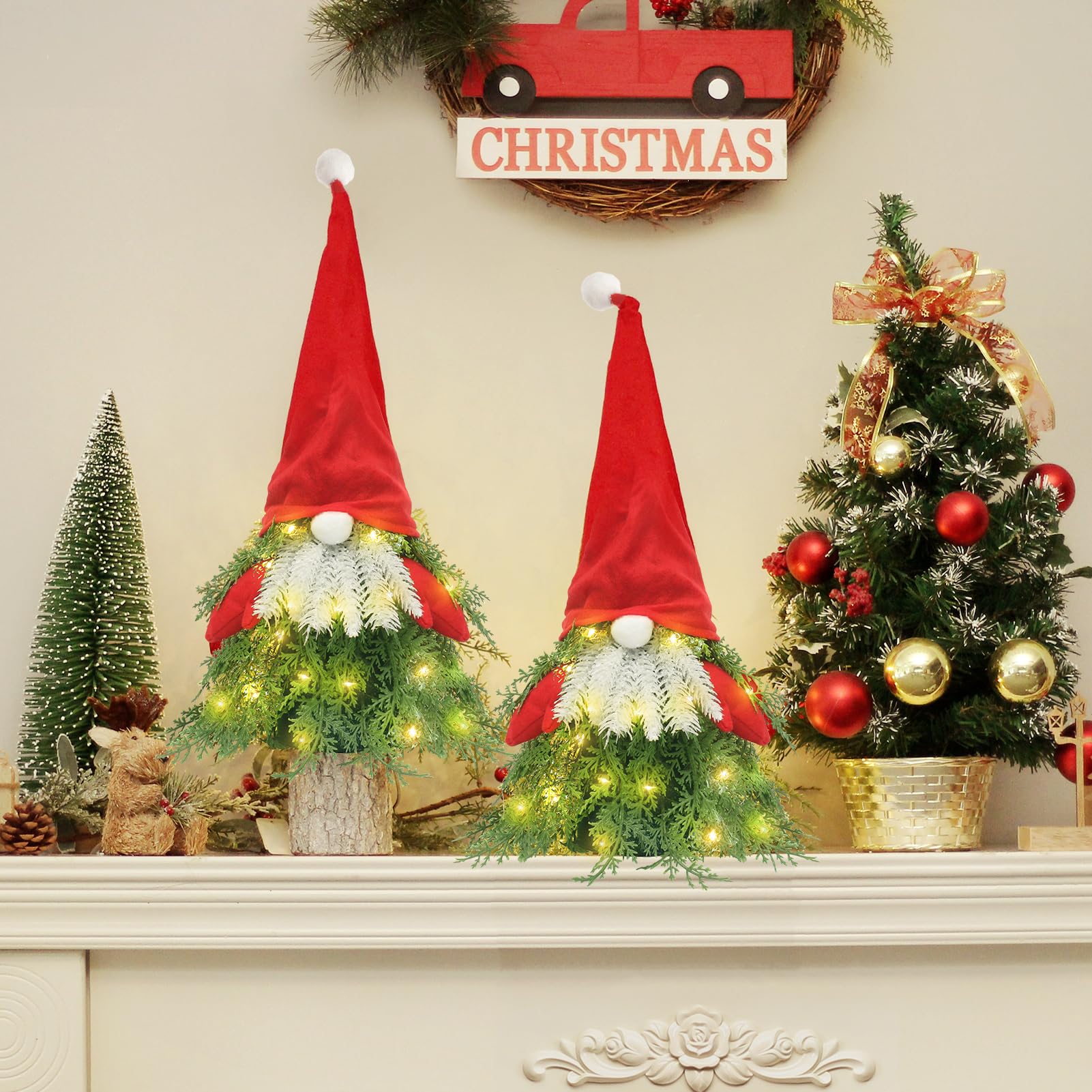 SY Super Bang Small Prelit Christmas Tree, Tabletop Mini Christmas Tree Ornaments for Home Decor, Gnome Christmas Decorations for Holiday Party Birthday Thanksgiving, Green.