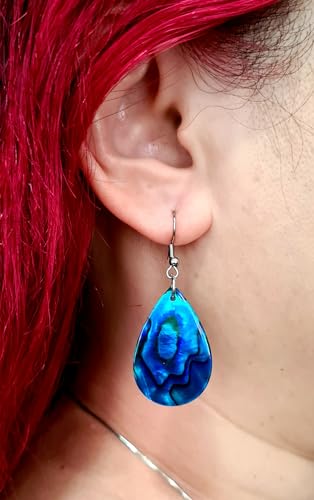 Swimmi Blue Paua Abalone Earrings, Handmade Teardrop Natural Abalone Shell Earrings for Women, Dangle Drop Seashell Earrings Fashion Jewelry GA249-A