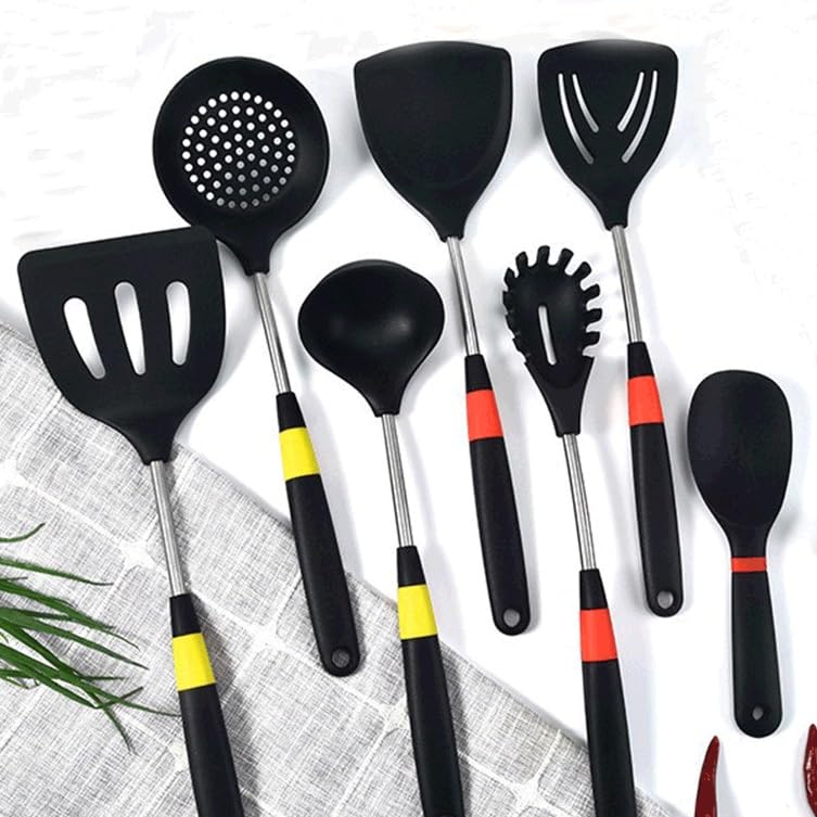 SLEEVY Heat Resistant Soup Spoon Brush Ladle Silicone Non Stick Spatula Spoon Kitchen Tools Cooking Utensil Set (Color : E, Size : 7 pieces)