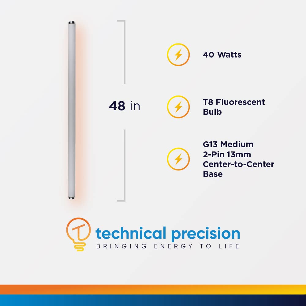 Technical Precision 34W Linear Fluorescent Light Bulb - Replacement for Philips F34CW/RS/EW/Alto Tuff Coated Light Bulb 4100K Cool White - G13 Medium Bi Pin Base - T12 4Ft Tube - 1 Pack