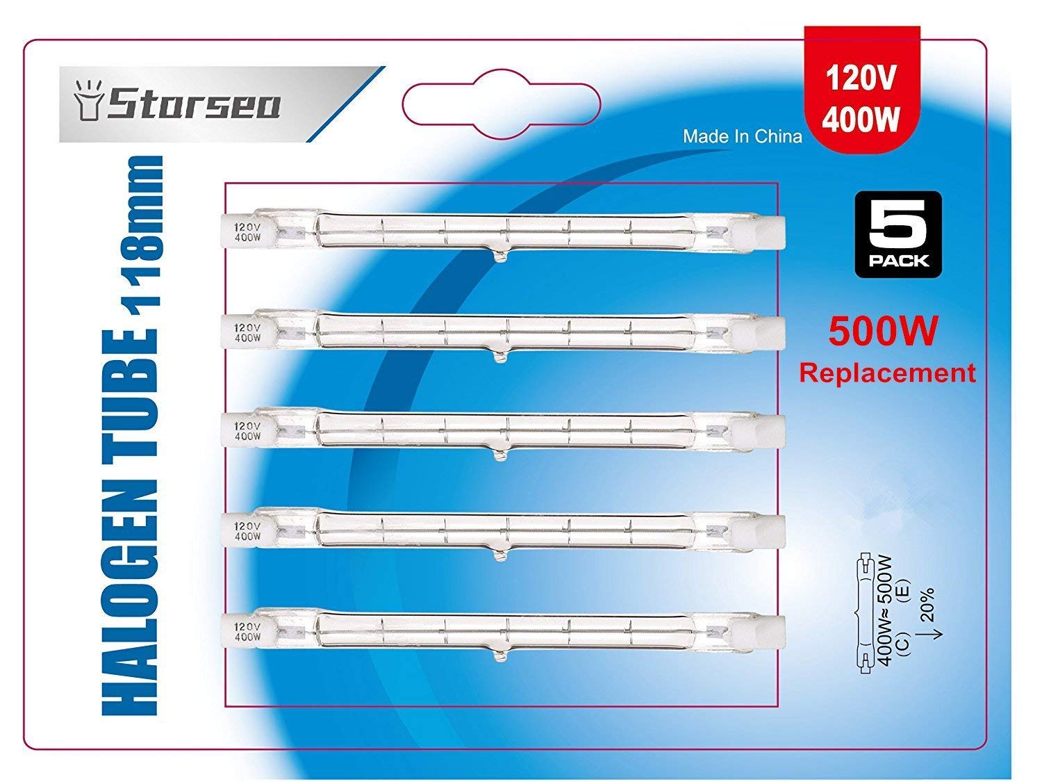 Starsea Shop 5Pack - 118mm J Type Double Ended T3 Halogen Light Bulb, 400 Watt 120 Volt (500 Watt Halogen Bulb Replacement), Energy-Saving 20%