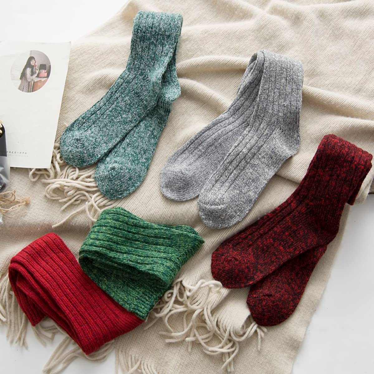 TINTAO 3 Pairs Women Winter Wool Cable Knit Crew Knee High Boot Socks,Size 5-11#W919 (Polyester Blend, Color A01)