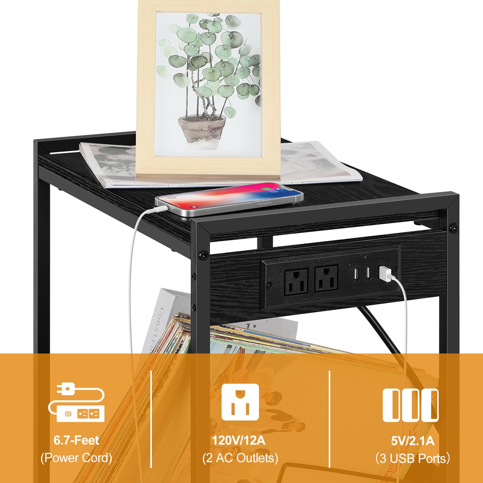 Record Player Stand with Charging Station, 2 Tier Record Player Table with 3 Quick-Release Divider, Vinyl Record Stand Storage with 4 Wheels, Turntable Stand for Bedroom Living Room and Office(Rustic Brown)