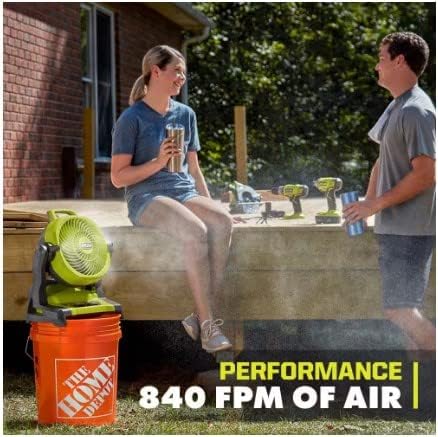 Ryobi ONE+ 18V Cordless 7-1/2 in. Bucket Top Misting Fan (Tool Only, Battery and Charger NOT Included), Yellow/Black, Medium, (PCL851B)