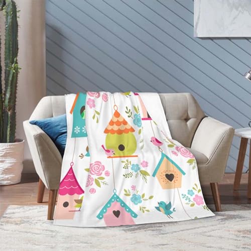 Throw Blanket 60x80 Inch,Floral Birds Houses Home Flannel Soft Cozy Fluffy Throw Blankets and Warm Throws for Adults in Couch Sofa Bed 60x50 Inch