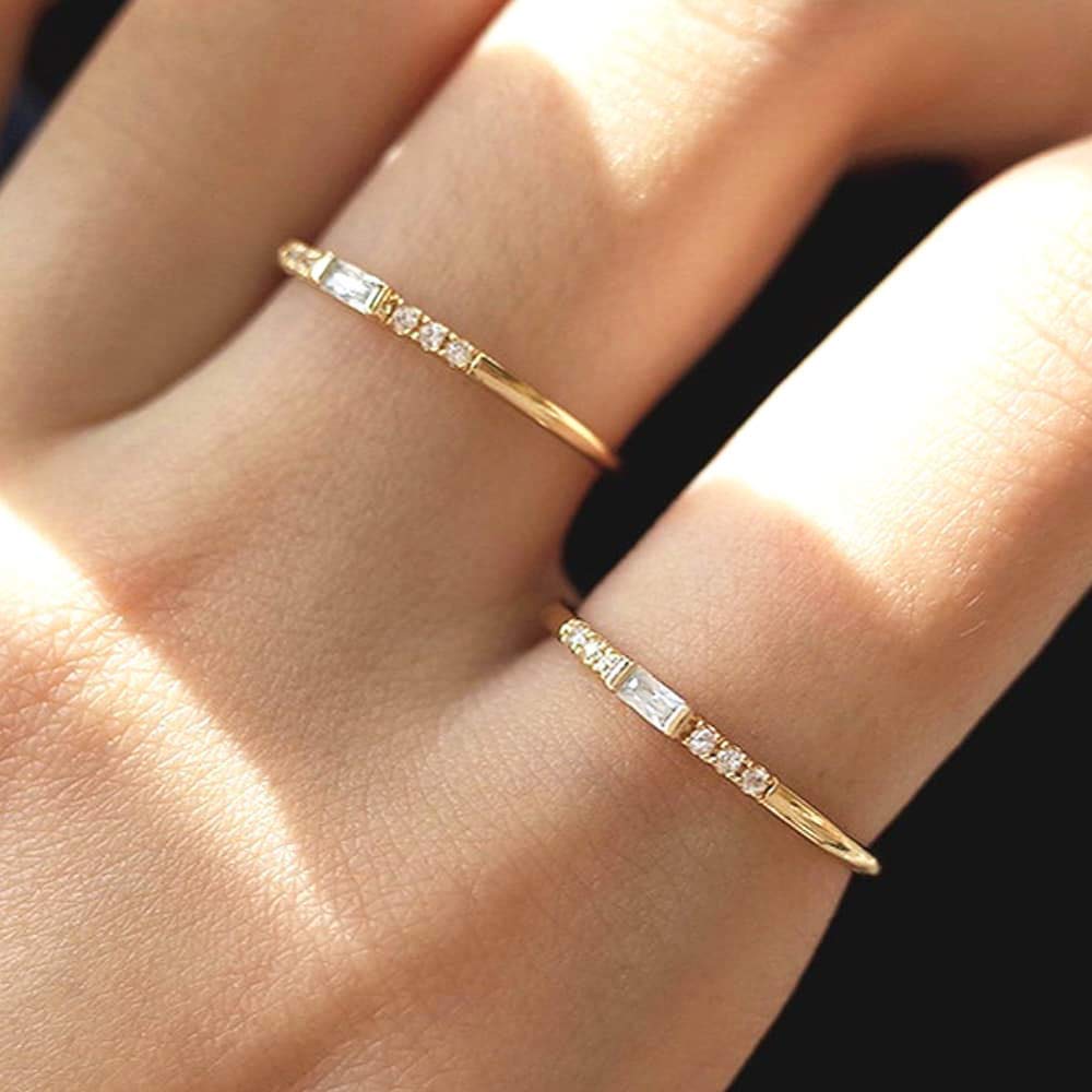 Tiny 18k Gold Plated Rings for Women Baguette Round Cubic Zirconia Engagement Wedding Stackable Band Ring (9)