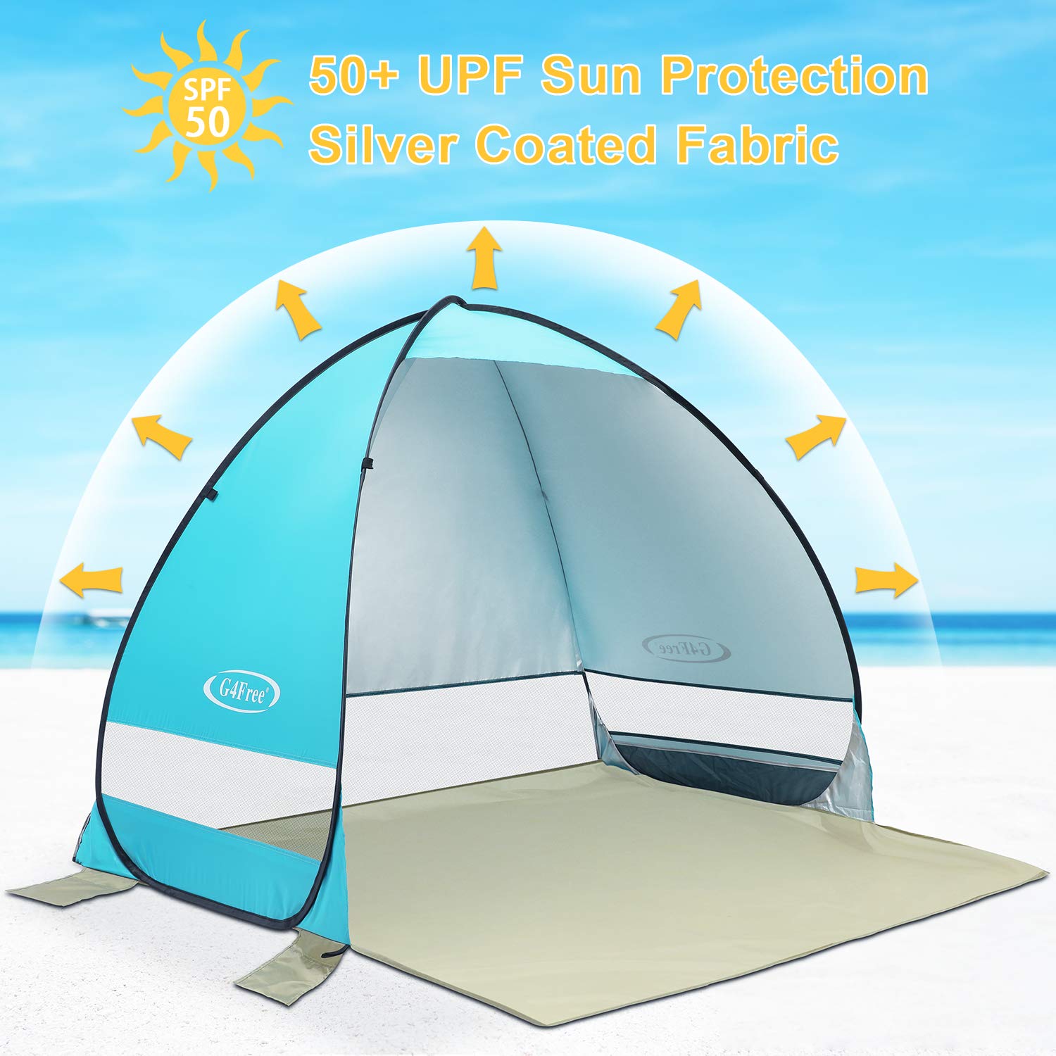 G4Free Large Pop up Beach Tent for 3-4 Person, UPF 50+ Automatic Sun Shelter Canopy Portable Outdoor Cabana Sun Umbrella