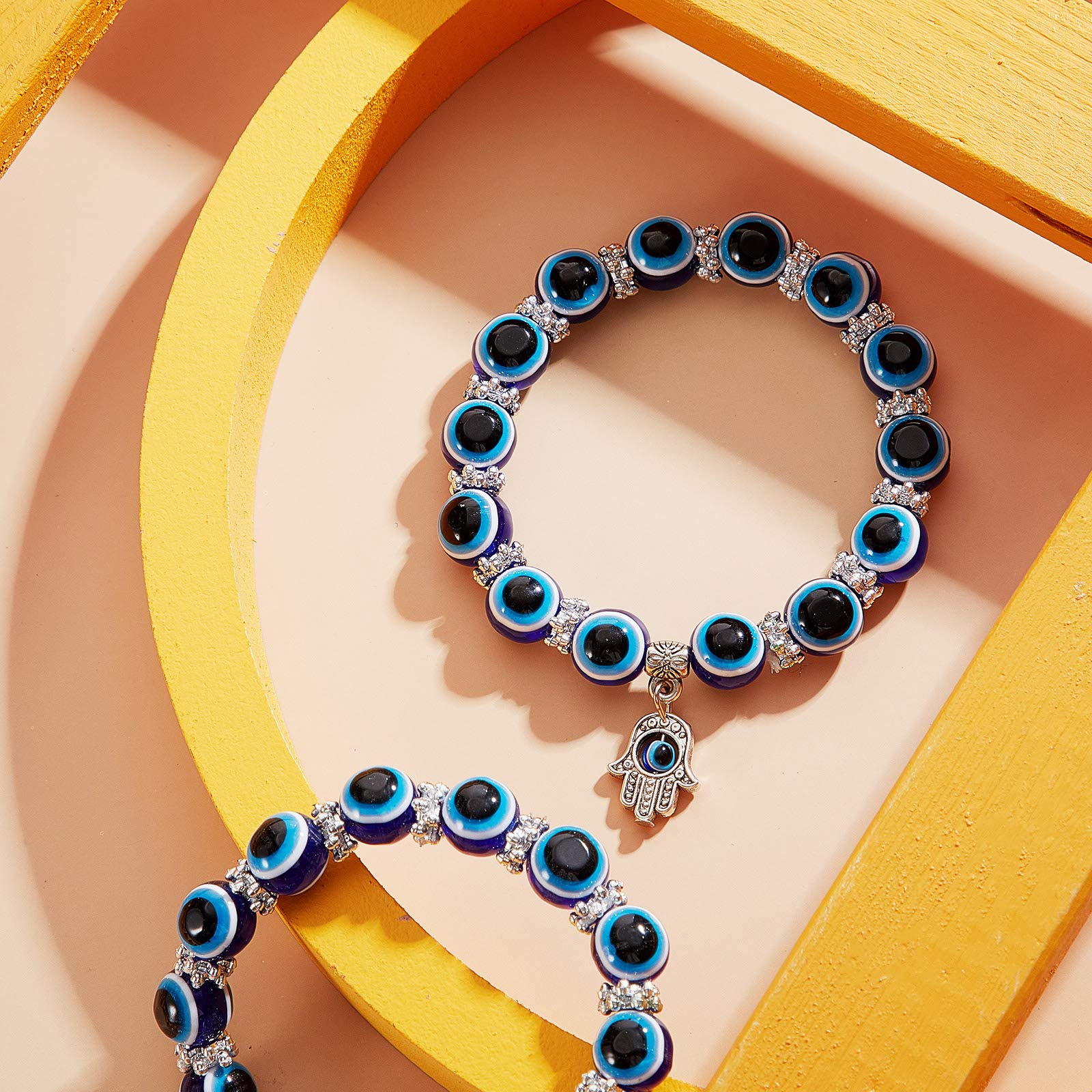 Yaomiao 6 Pieces Evil Eye Bracelet Hamsa Blue Beaded Charm Stretch Bracelet Hand of Fatima Turkish Lucky Evil Eye Bracelet for Protection and Blessing