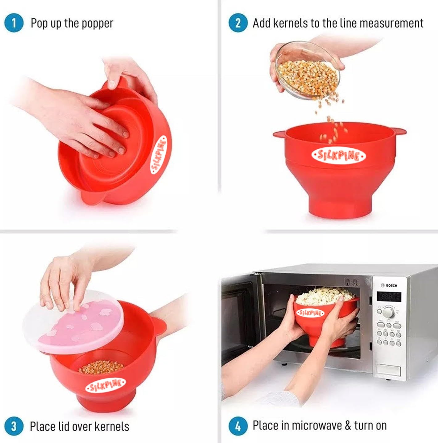 The Original Silkpine Microwaveable Silicone Popcorn Popper Machine, Collapsible Microwave Popcorn Maker Bowl, BPA Free Microwave Popcorn Popper, Dishwasher Safe (Blue)